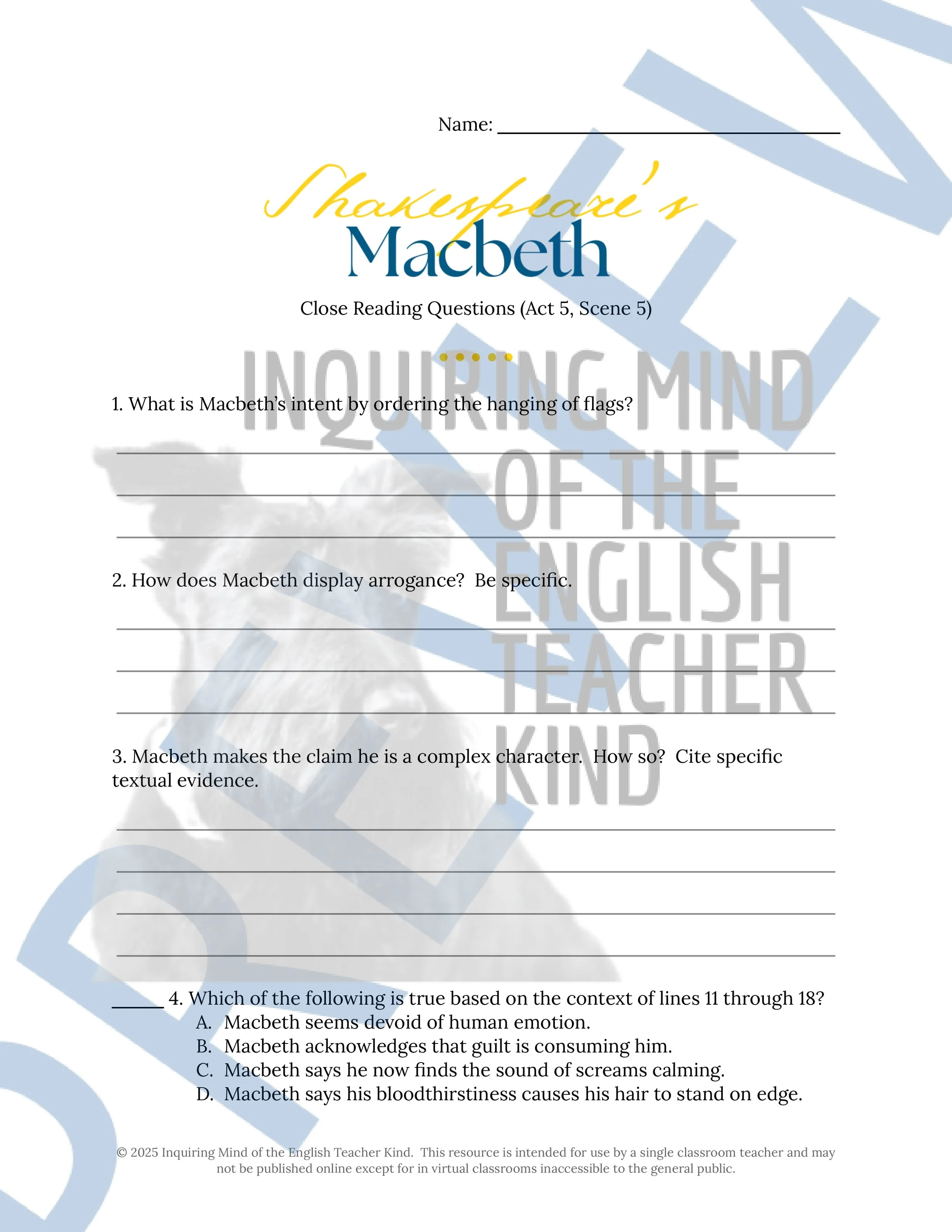 Macbeth Close Reading Analysis Worksheets and Answer Keys Bundle for ...