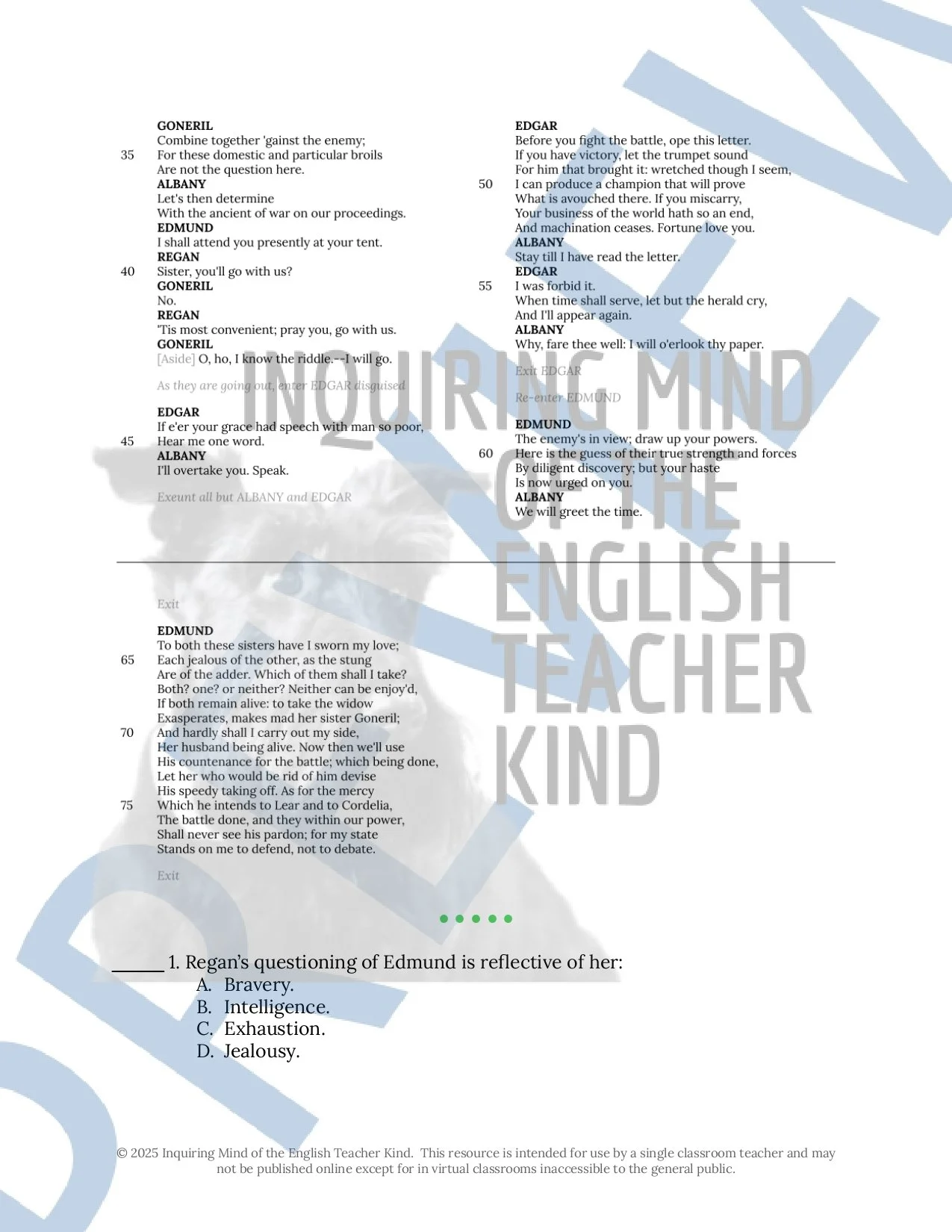 King Lear Act 5 Quiz, Vocabulary Games, and Close Reading Inference ...