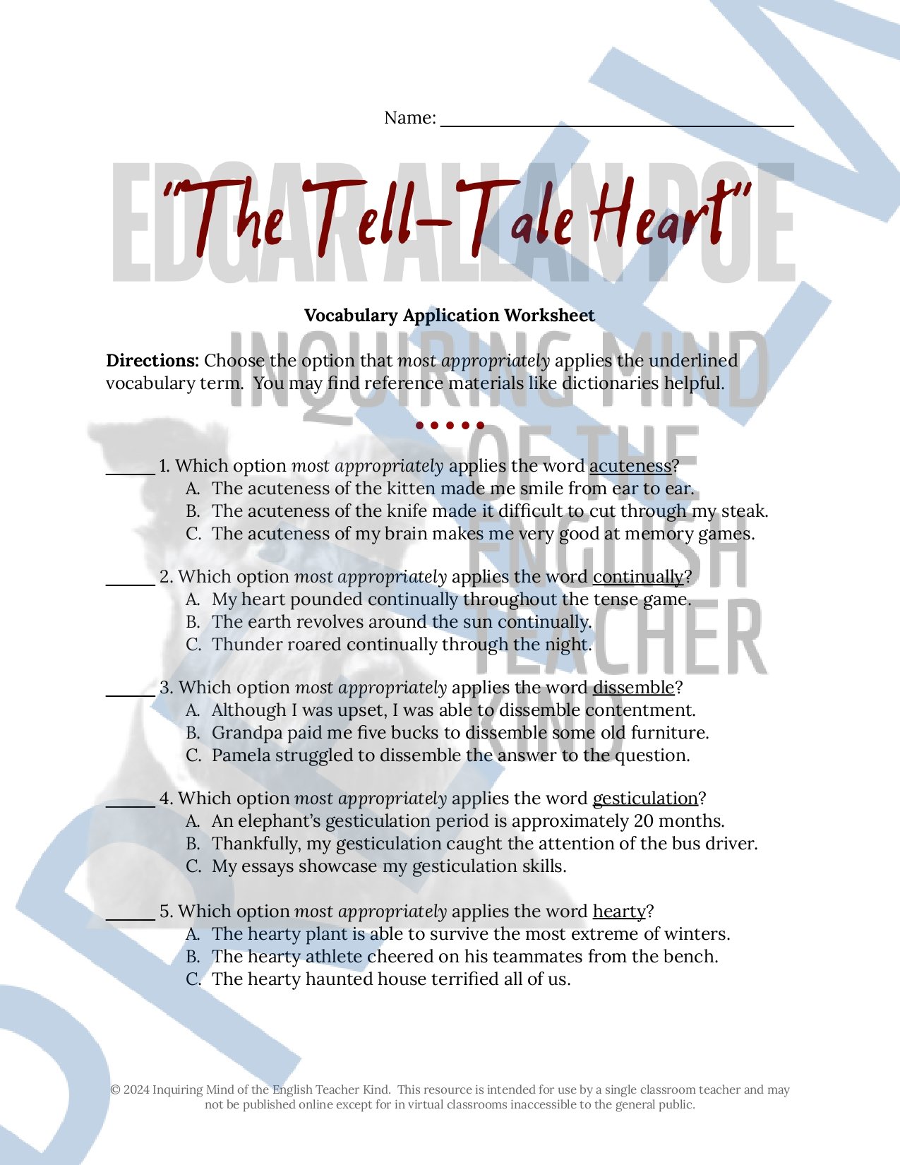 "The Tell-Tale Heart" by Edgar Allan Poe Quiz, Close Reading, and ...