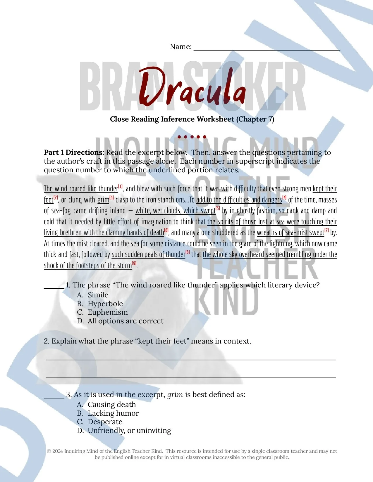 Dracula by Bram Stoker Chapters 5-7 Quiz, Close Reading Worksheets, and ...