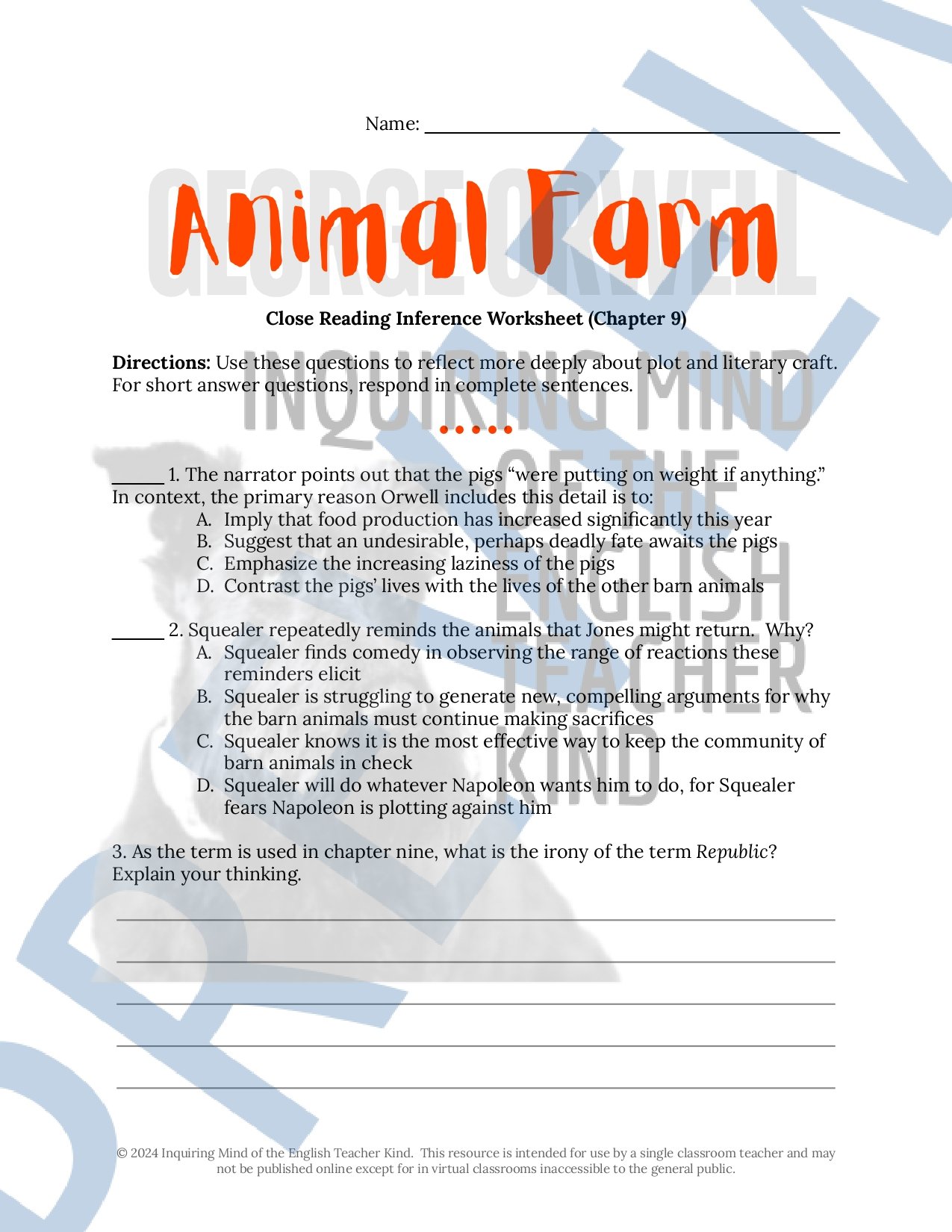 Animal Farm by George Orwell Close Reading Analysis Worksheets Bundle ...