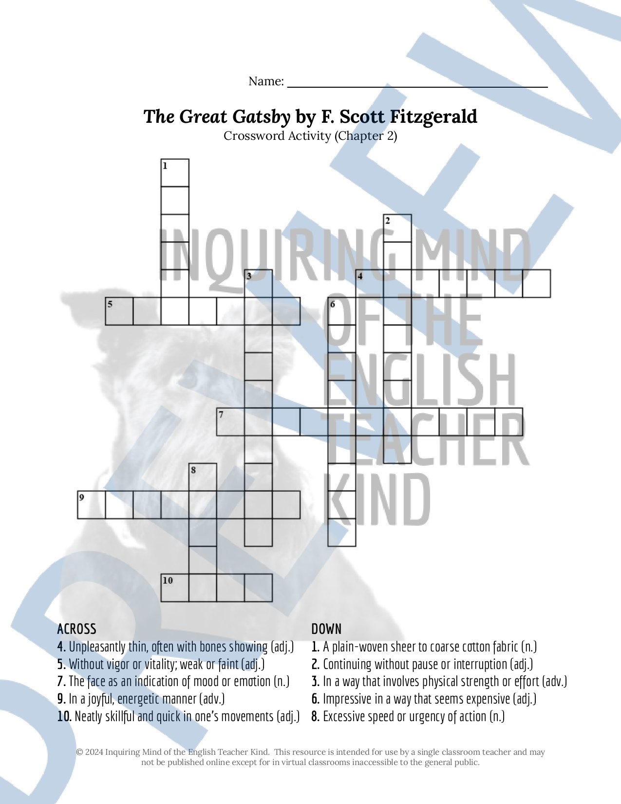 The Great Gatsby by F. Scott Fitzgerald Vocabulary Development Games ...