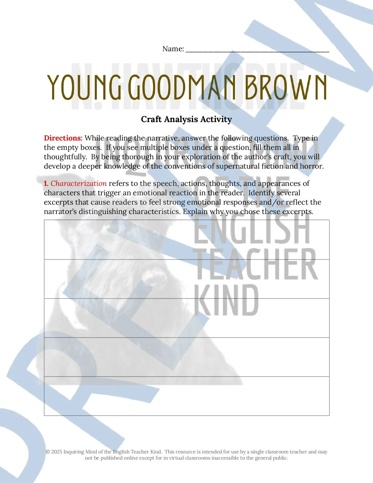 "Young Goodman Brown" by Nathaniel Hawthorne Quiz and Close Reading ...