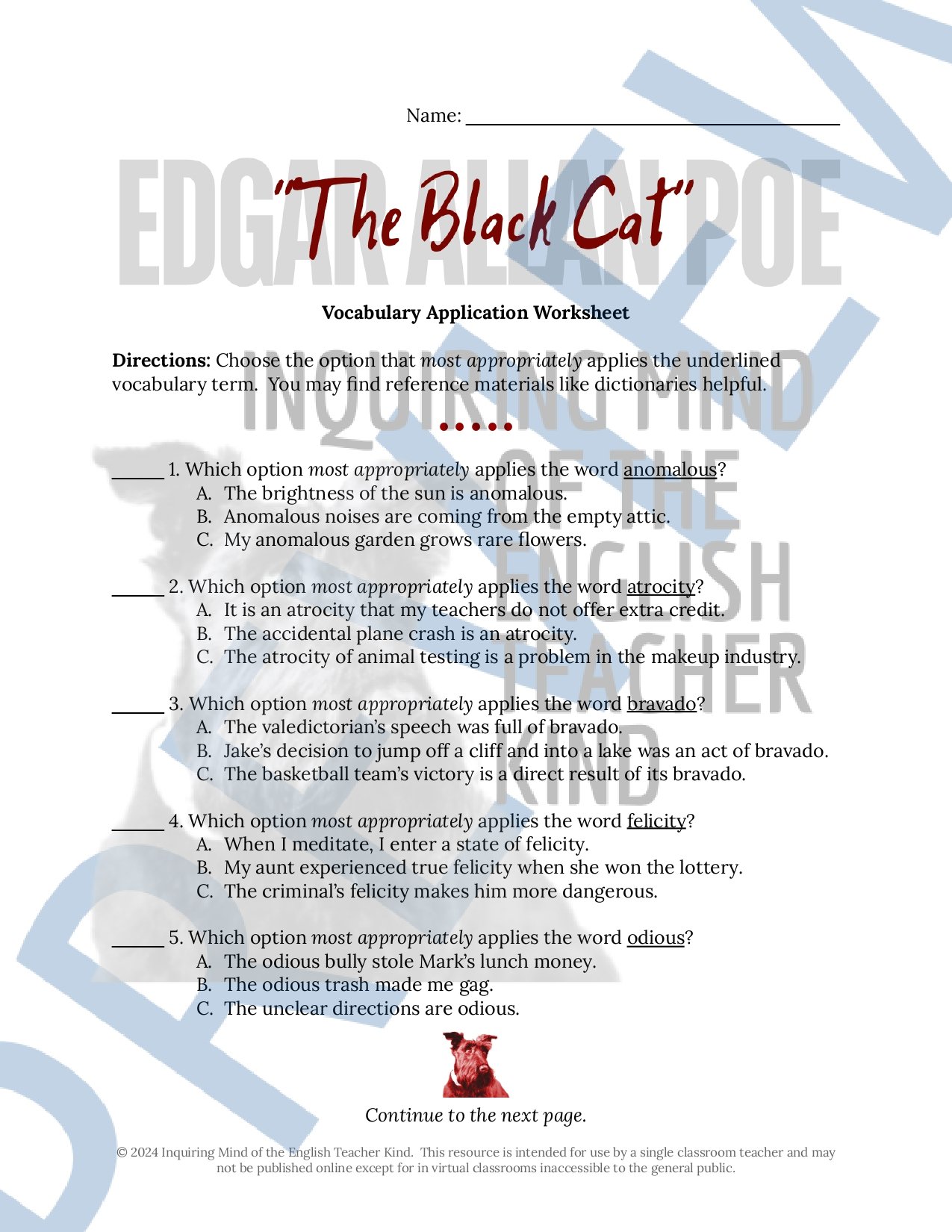"The Black Cat" Quiz, Close Reading Worksheets, and Vocabulary Games ...