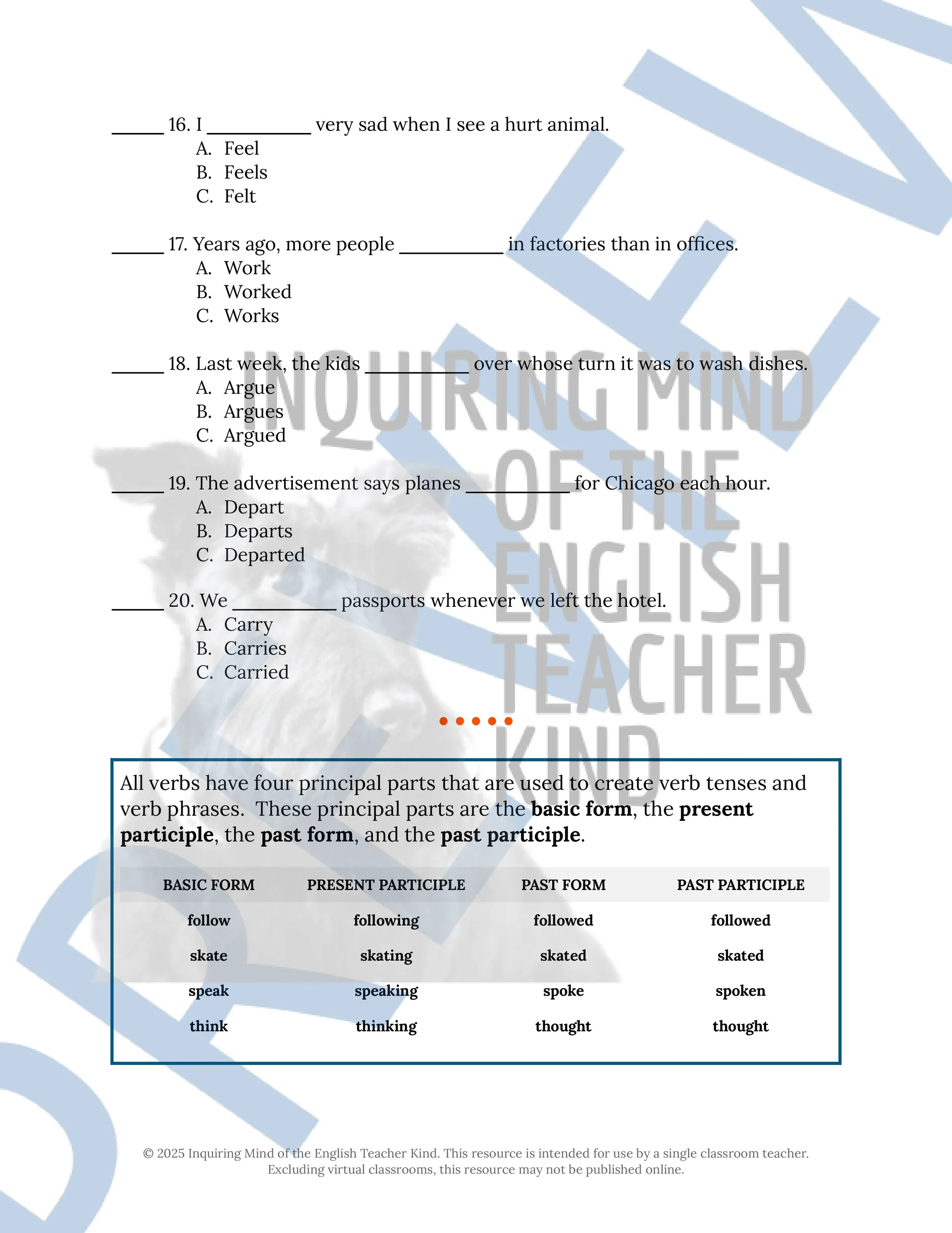 Grammar Review Practice Worksheet on Applying Verb Tenses | High School ...