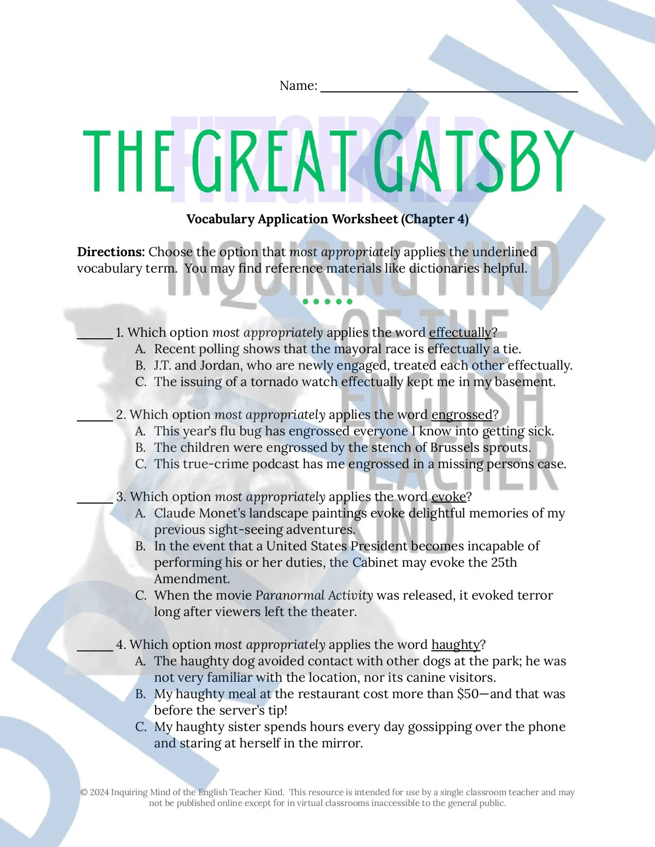 The Great Gatsby by F. Scott Fitzgerald Chapter 4 Quiz, Inference ...
