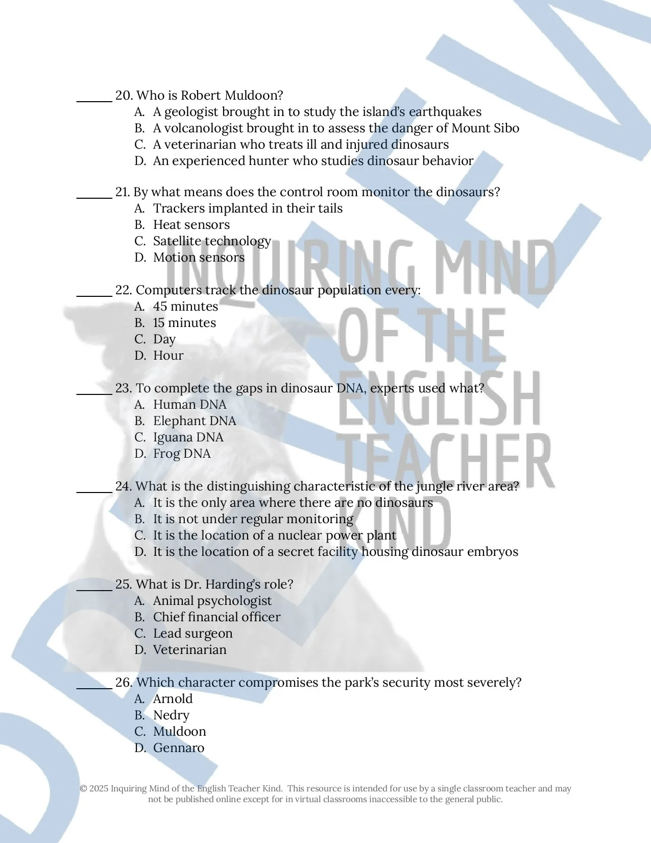 Jurassic Park Quizzes, Analysis Worksheets, Vocabulary Games, Project ...