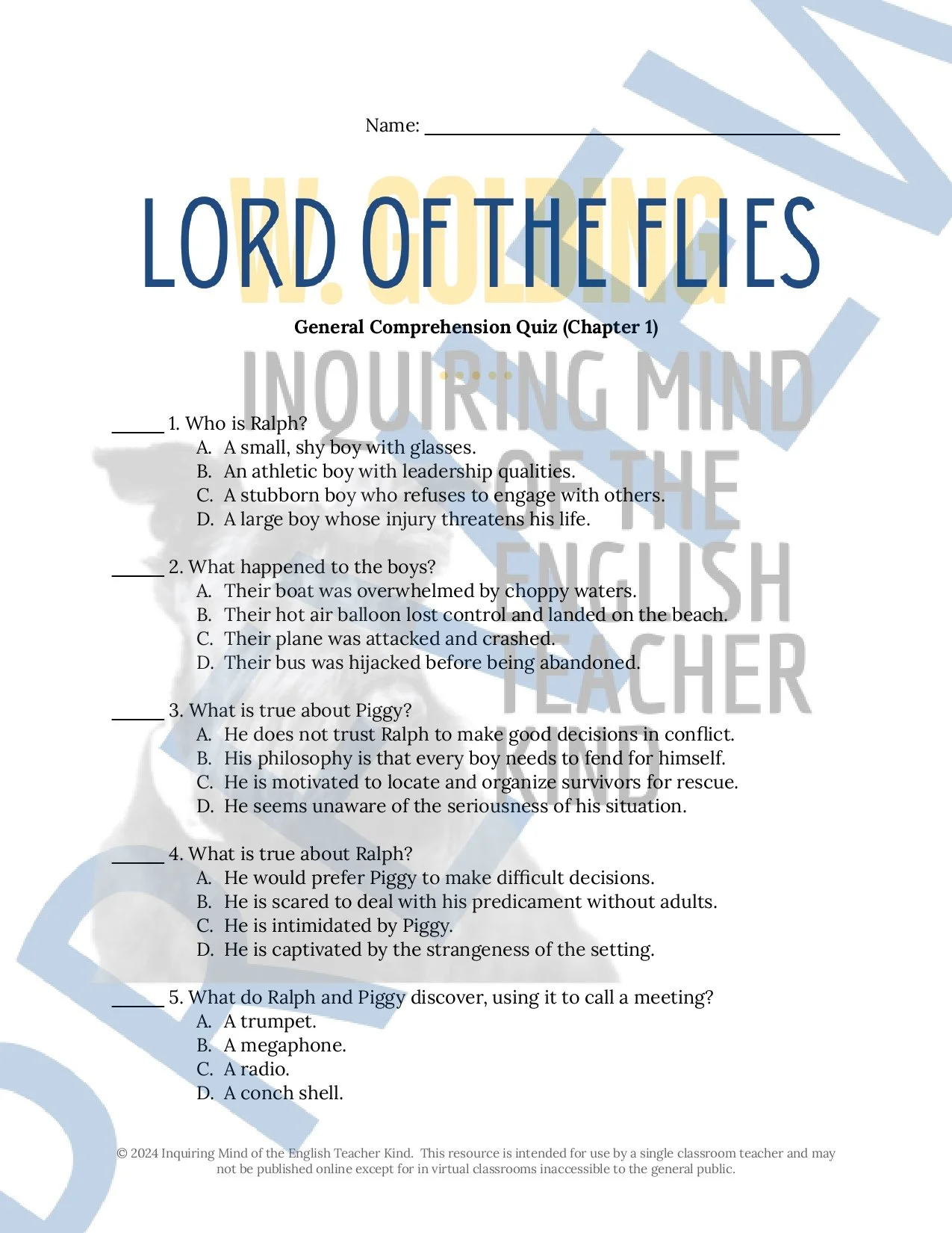 Lord of the Flies Chapter 1 Quiz, Close Reading, and Vocabulary ...