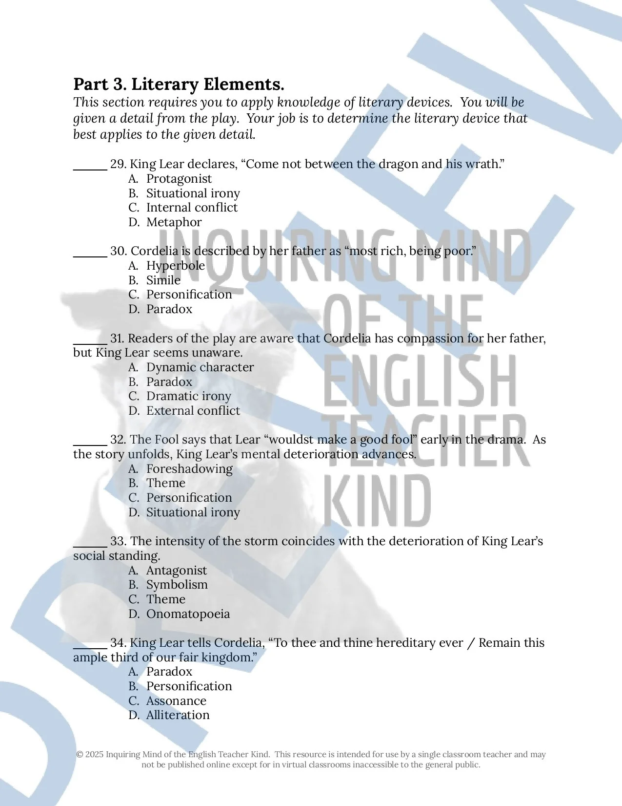 King Lear Quizzes, Vocabulary Games, Inference Worksheets, Test, and ...