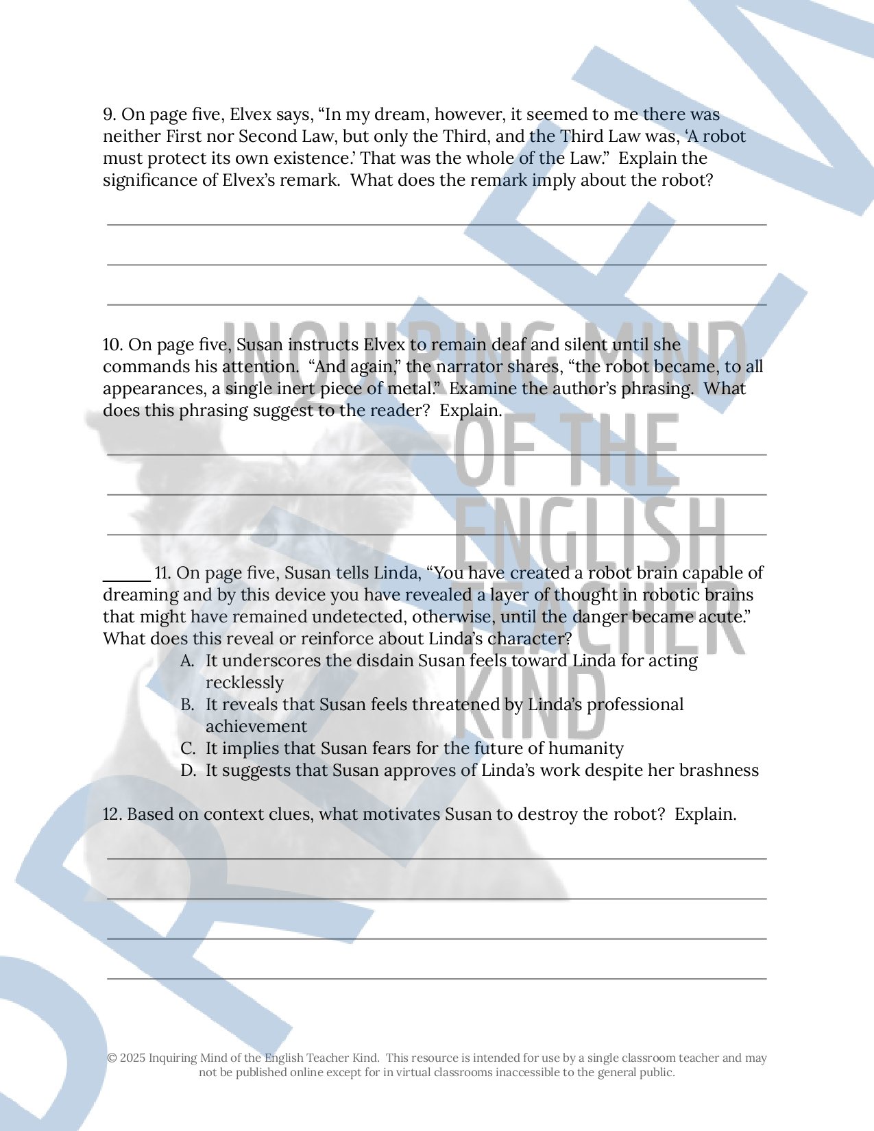 "Robot Dreams" by Isaac Asimov Quiz, Inference Worksheet, and ...