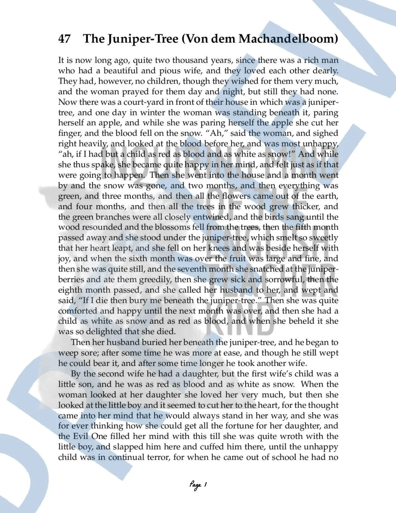 "The Juniper Tree" by the Brothers Grimm Quiz, Close Reading Worksheet ...