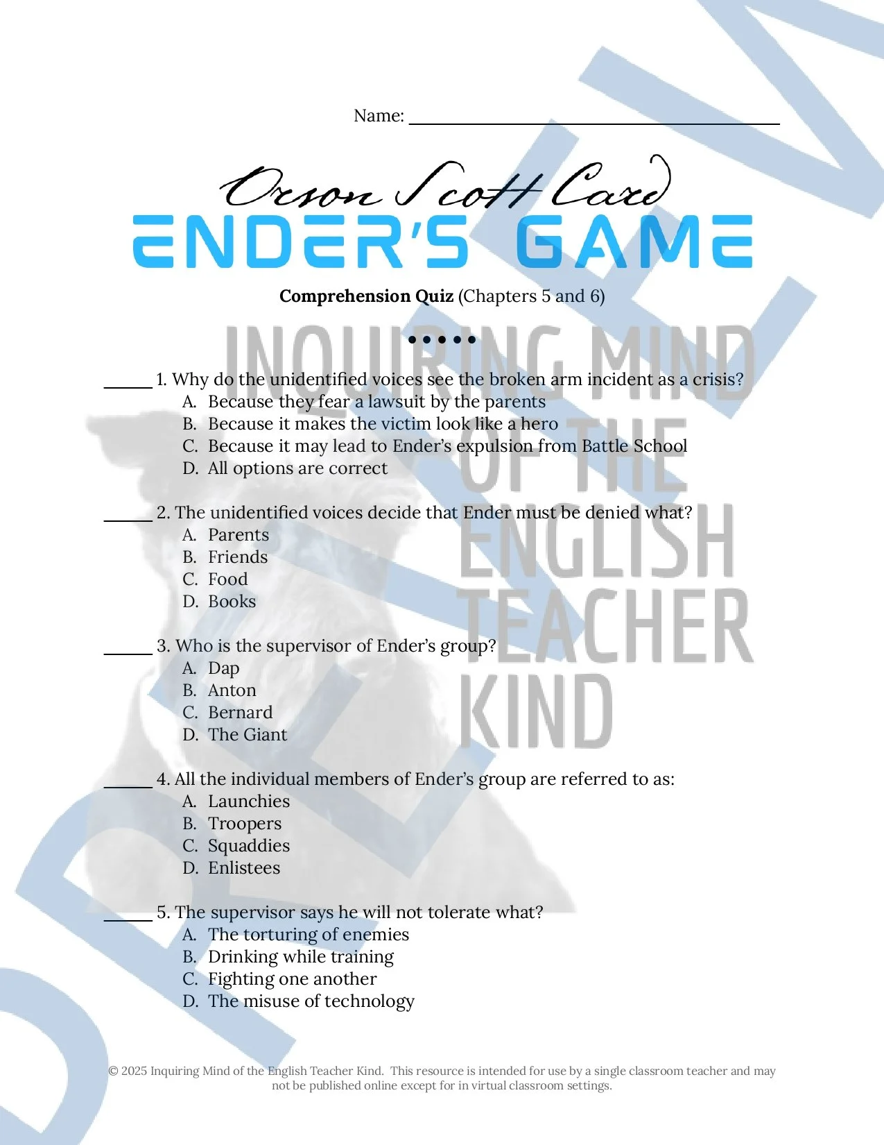 Ender's Game Quiz and Answer Key Bundle — Inquiring Mind of the English ...