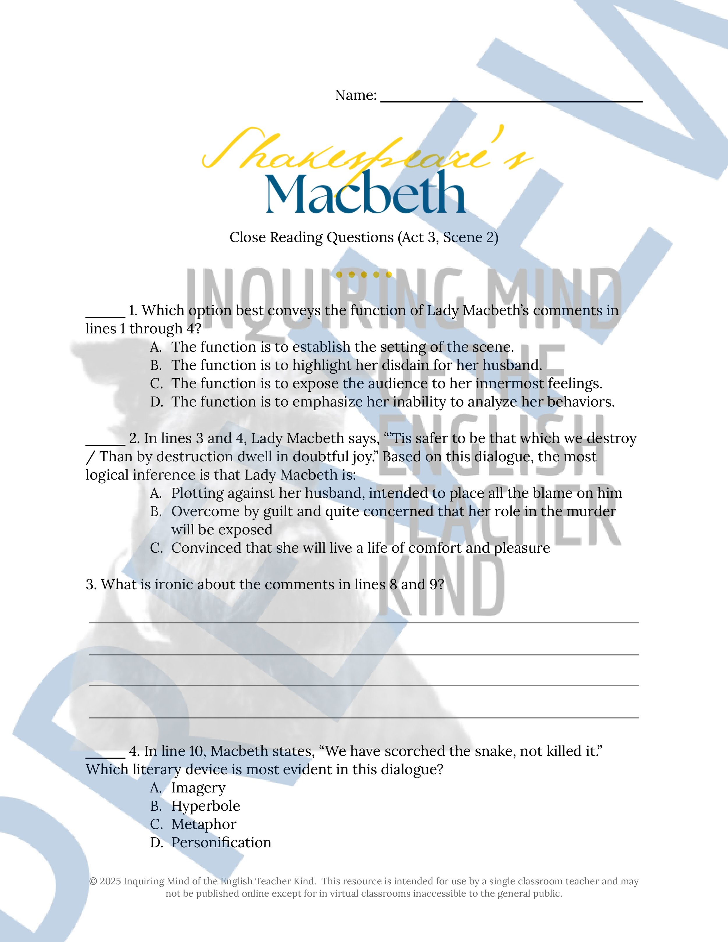 Macbeth Act 3 Quiz and Close Reading Worksheets Bundle by Inquiring ...