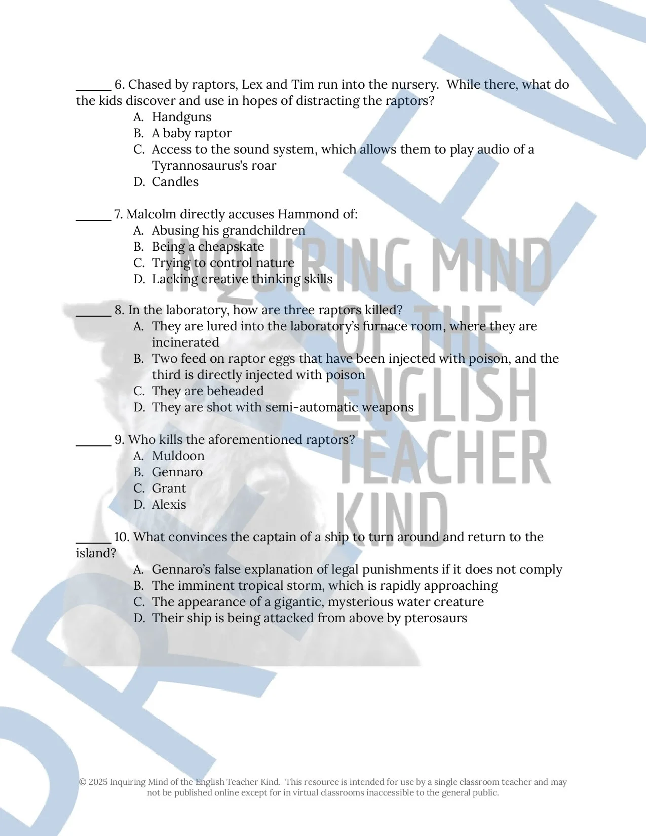 Jurassic Park Quizzes, Analysis Worksheets, Vocabulary Games, Project ...