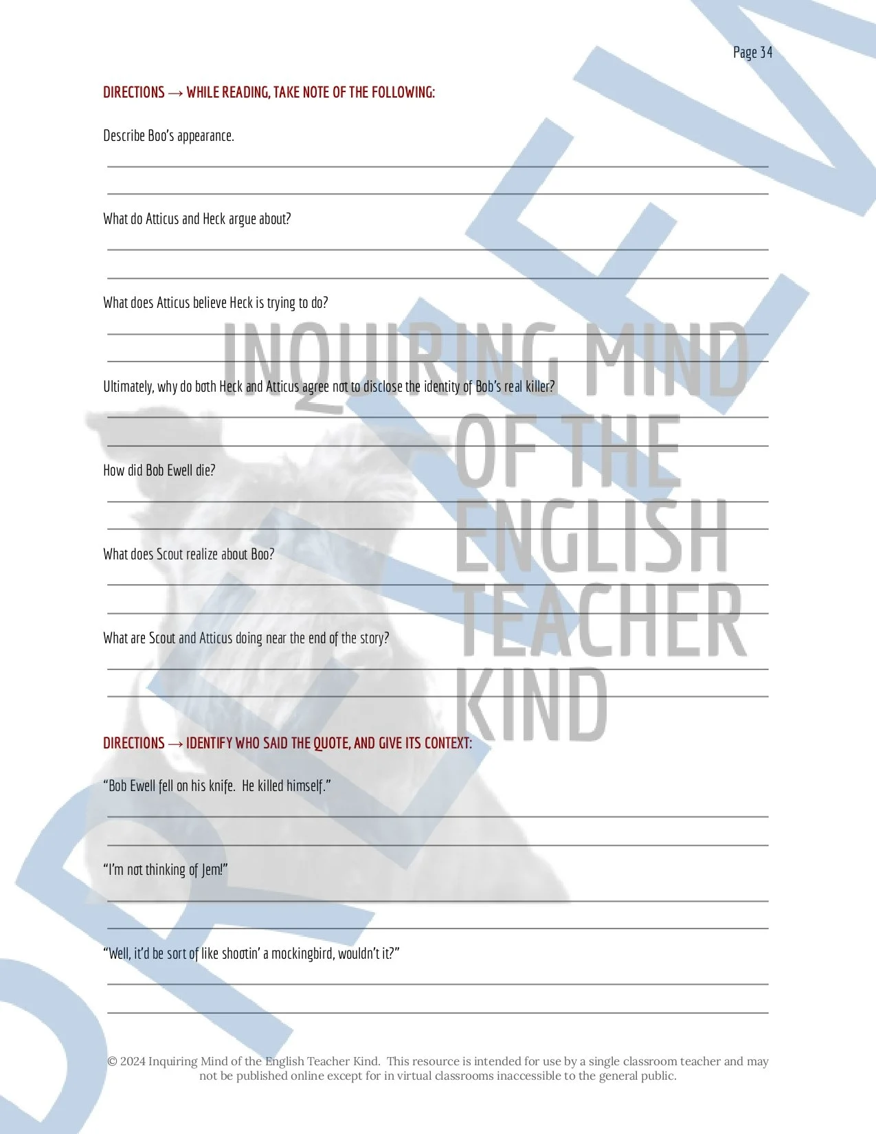 To Kill a Mockingbird Novel Study Guide with Answer Key for High School ...