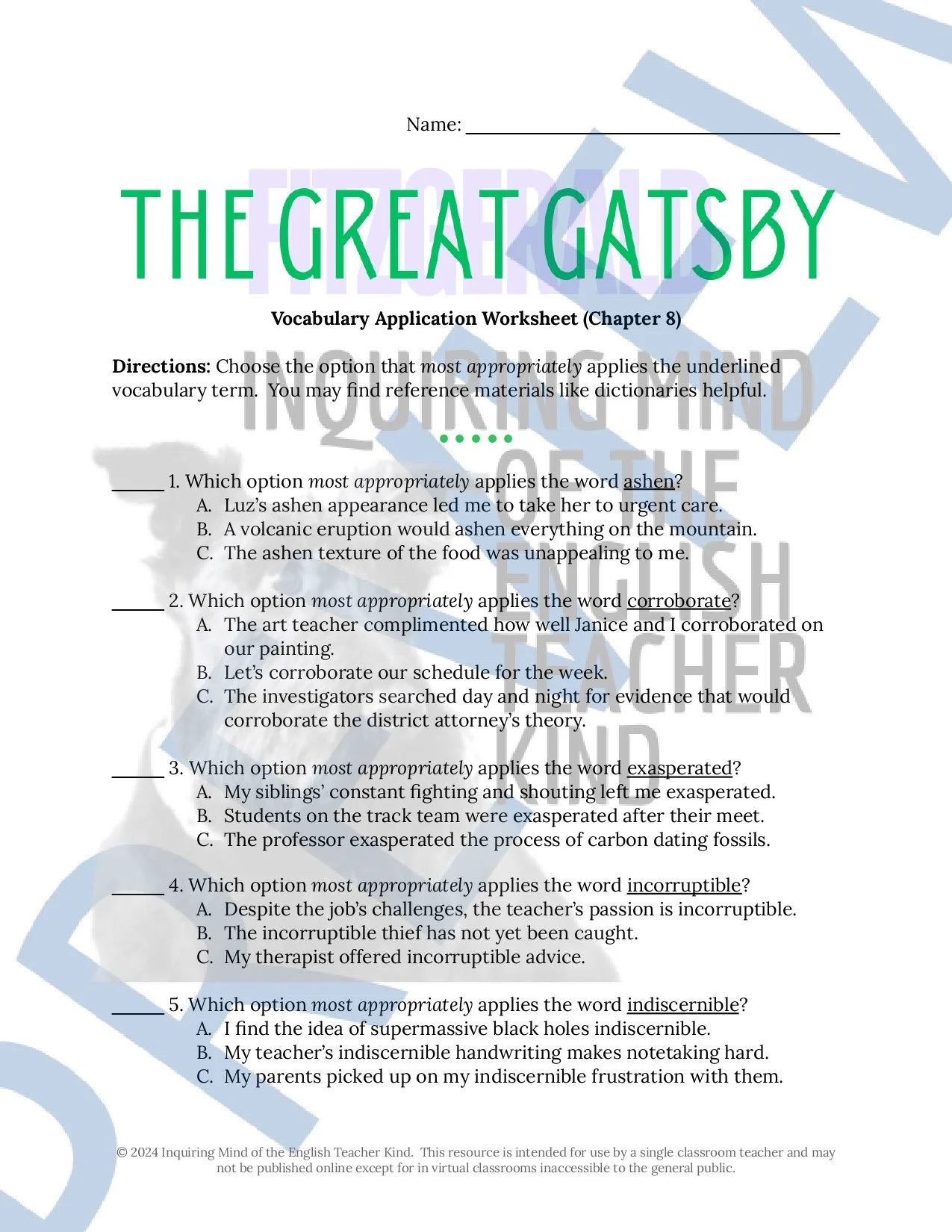 The Great Gatsby by F. Scott Fitzgerald Vocabulary Development Games ...