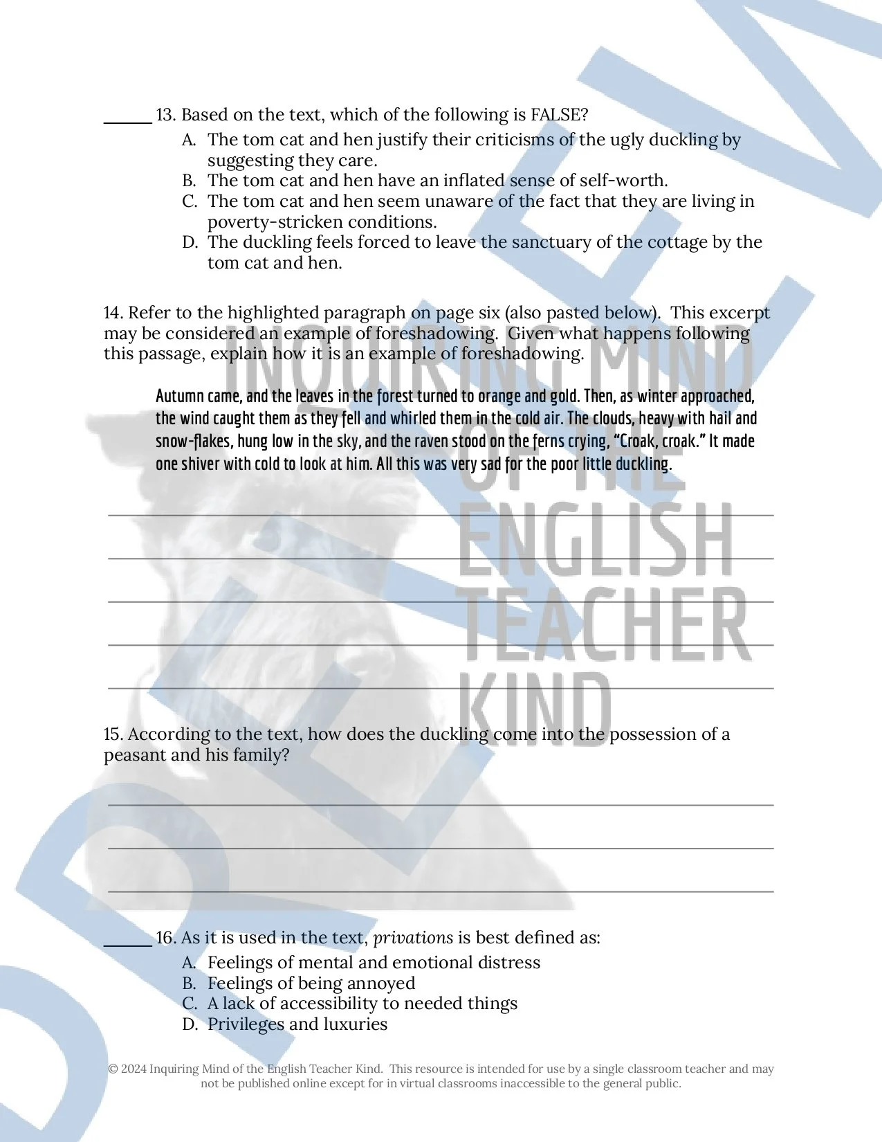 "The Ugly Duckling" Quiz, Close Reading Worksheet, and Vocabulary Games ...