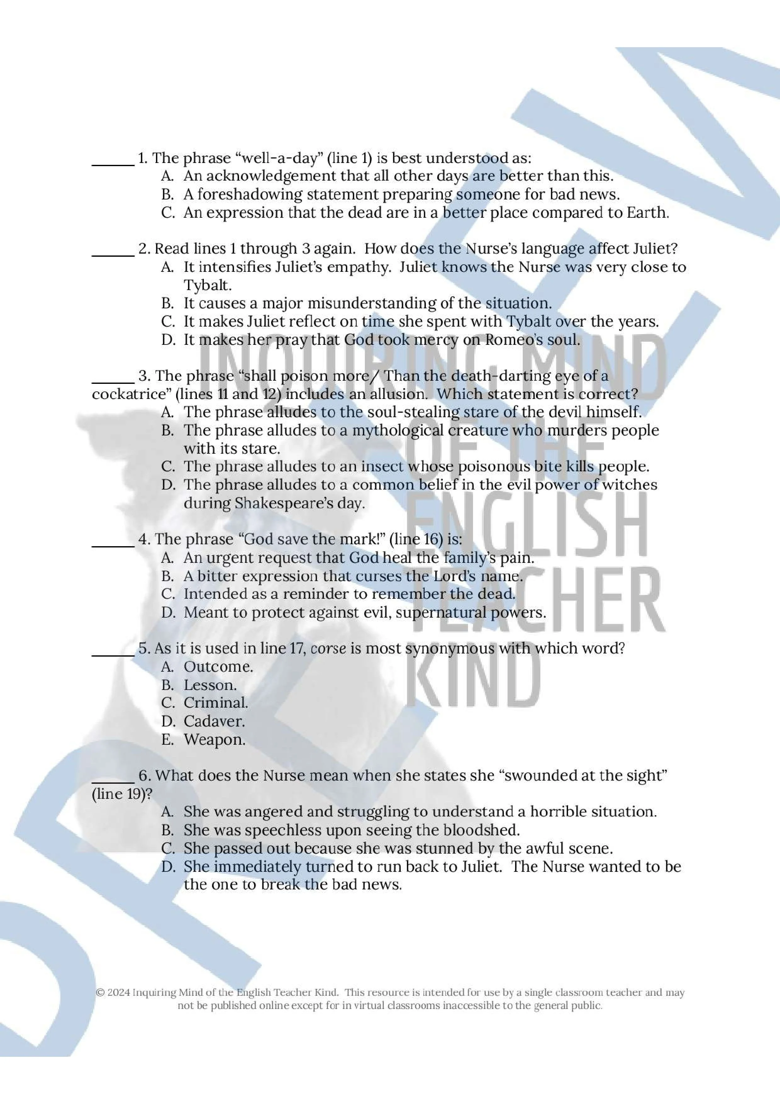 Romeo and Juliet Close Reading Analysis Worksheets Bundle with Answer ...