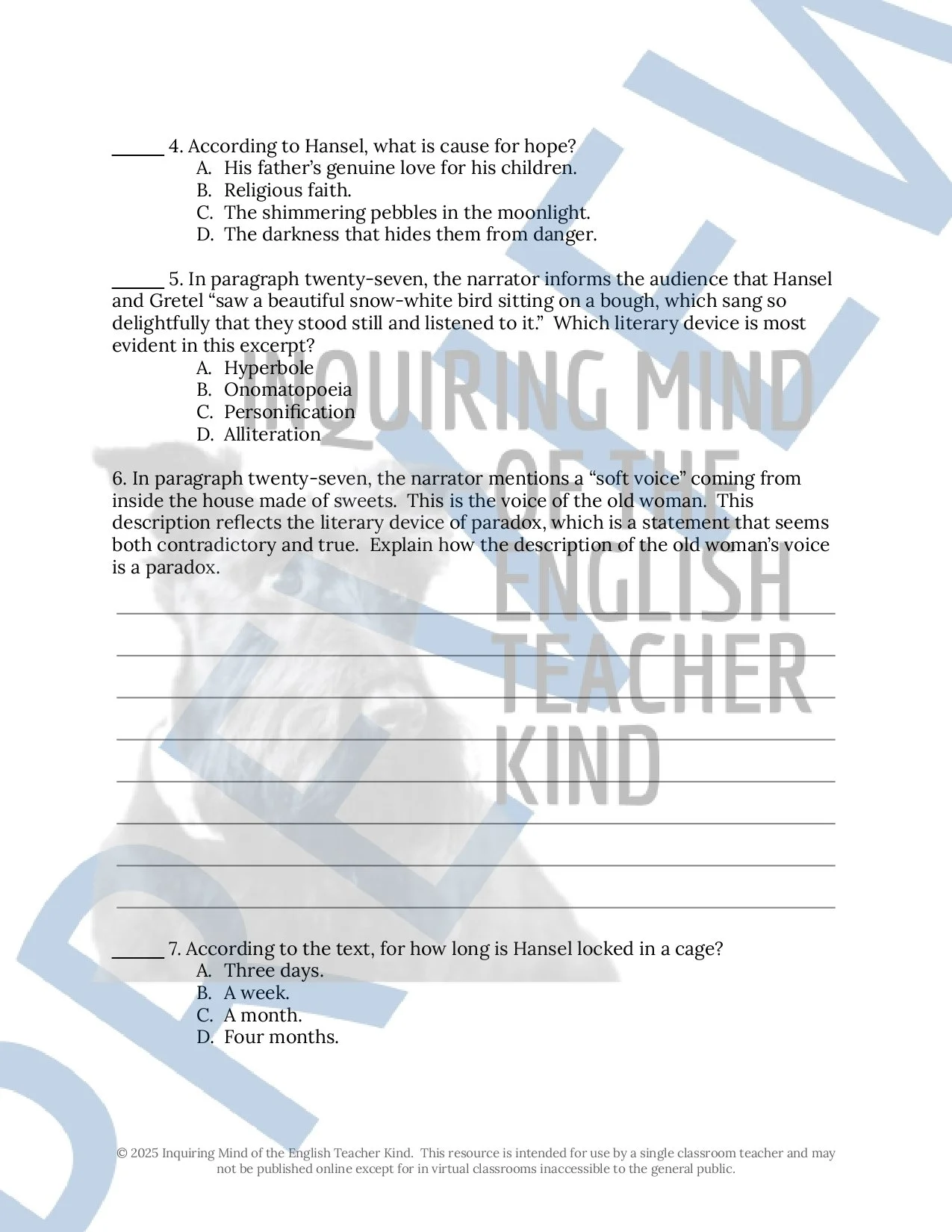 "Hansel and Gretel" by the Brothers Grimm Quiz, Close Reading, and ...