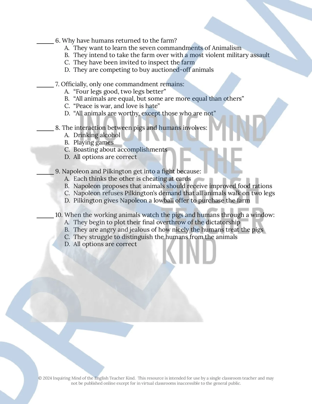 Animal Farm by George Orwell Quiz and Answer Key Bundle — Inquiring ...