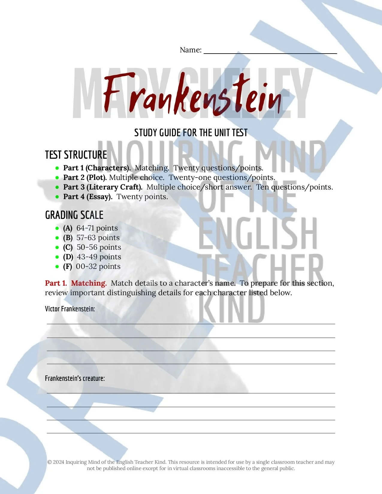 Frankenstein by Mary Shelley Test and Answer Key for High School ...