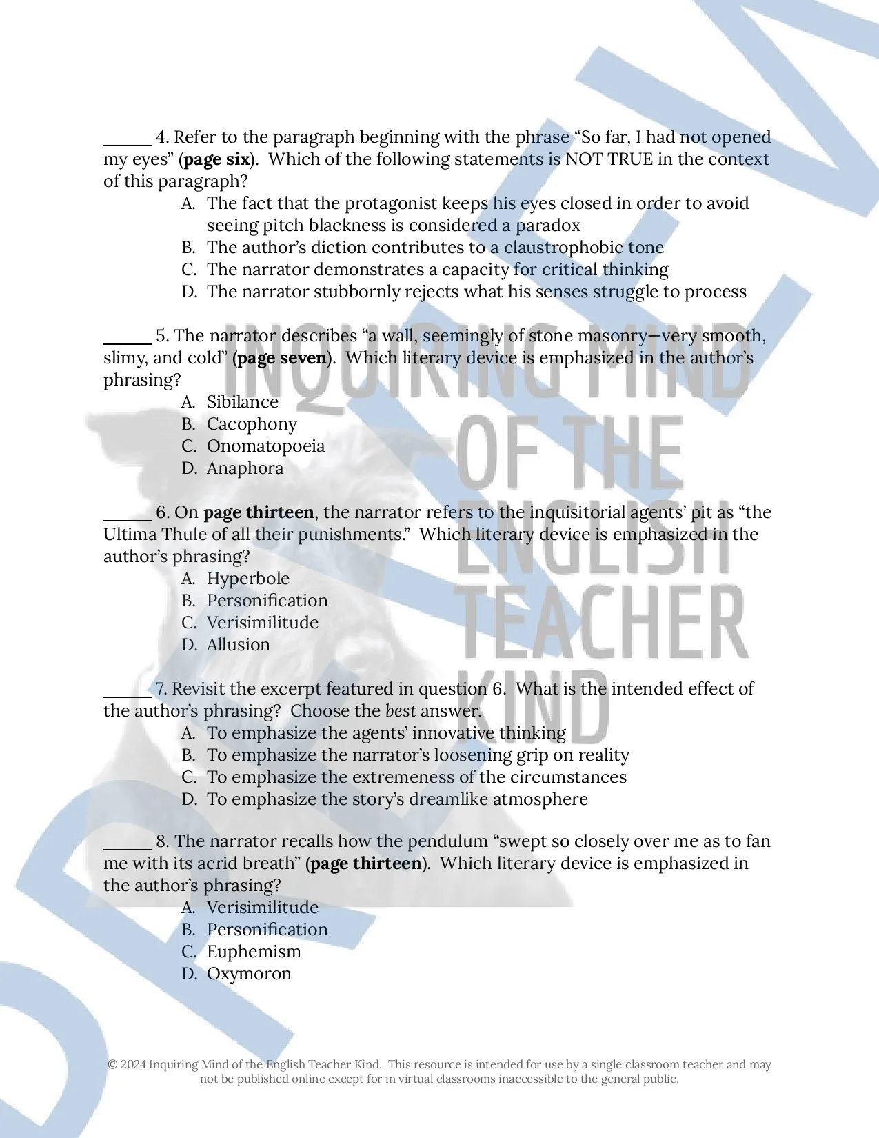 "The Pit and the Pendulum" by Edgar Allan Poe Quiz, Close Reading, and ...