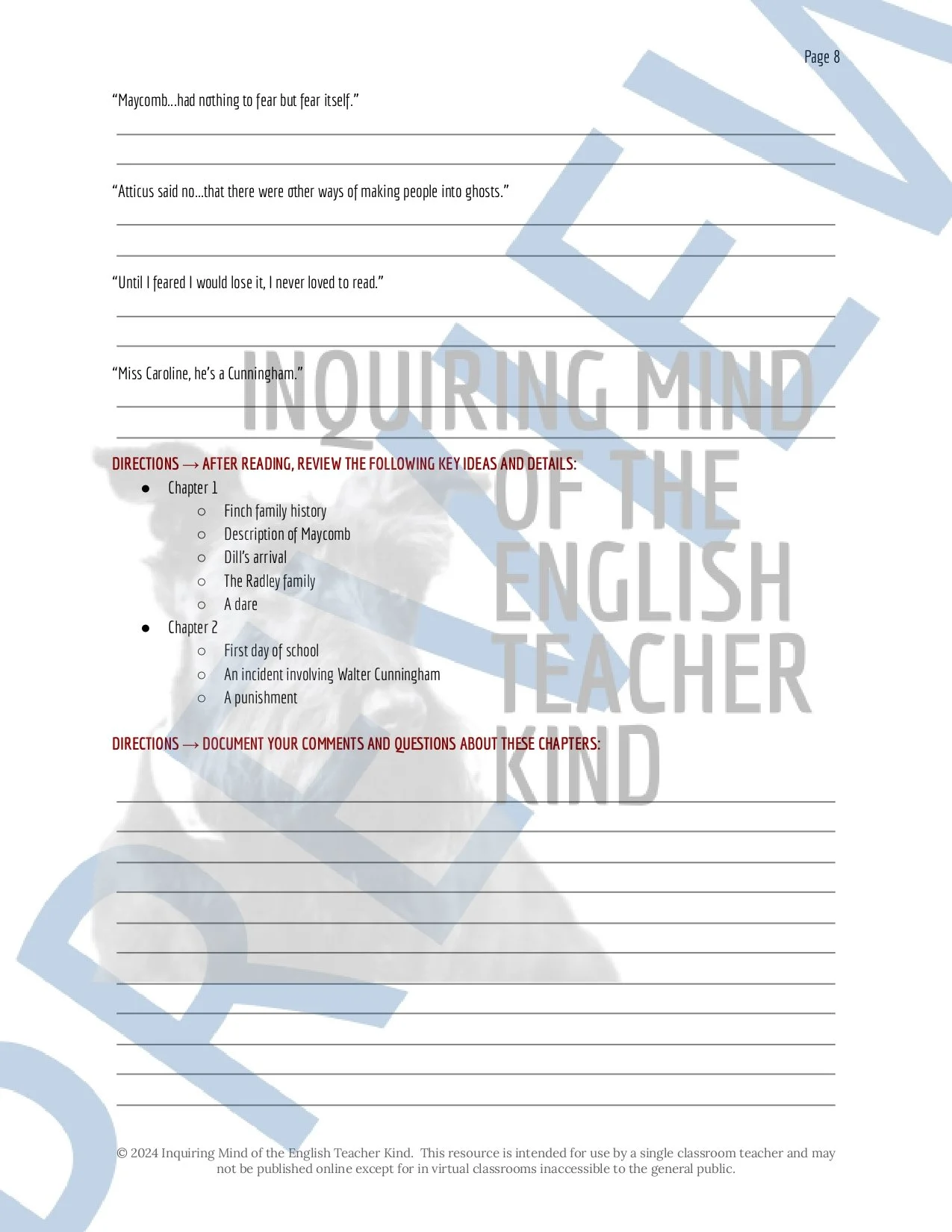 To Kill a Mockingbird Novel Study Guide with Answer Key for High School ...