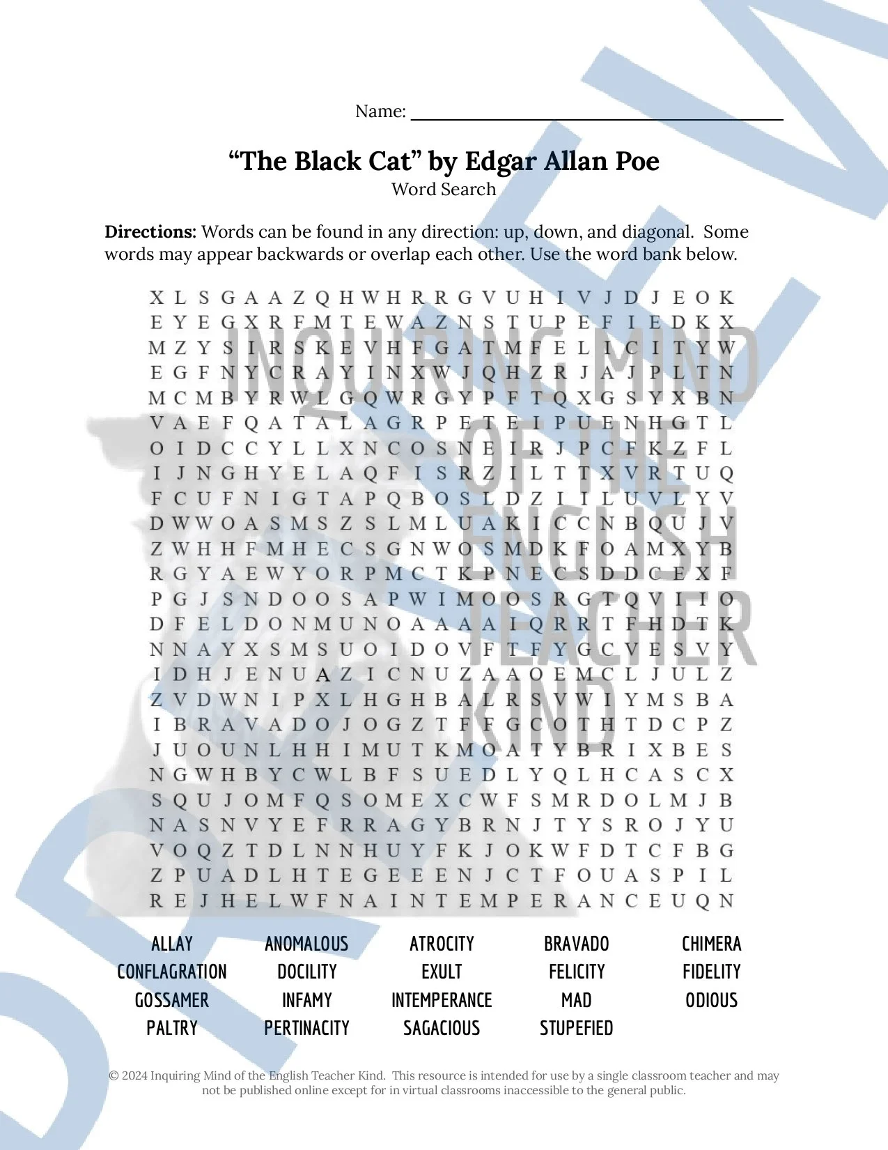 "The Black Cat" Quiz, Close Reading Worksheets, and Vocabulary Games ...