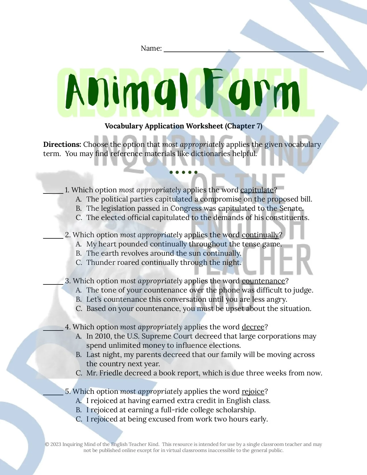 Animal Farm by George Orwell Vocabulary Development Games and ...
