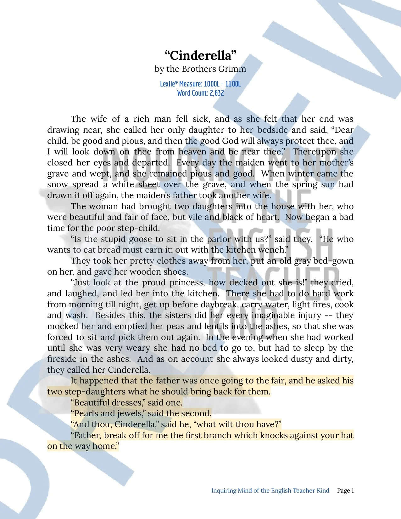 "Cinderella" by the Brothers Grimm Quiz, Close Reading, and Vocabulary ...