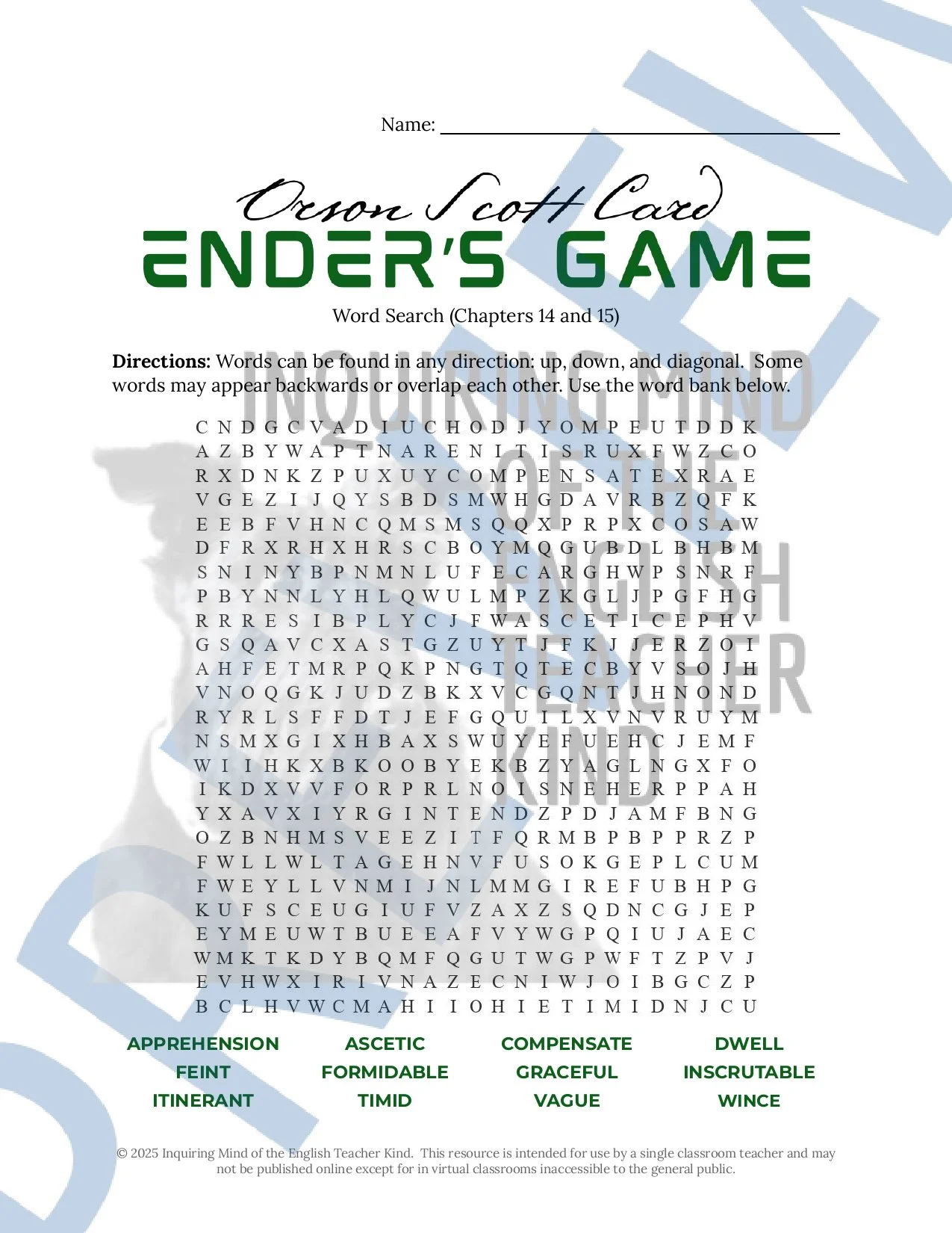 Ender's Game by Orson Scott Card Vocabulary Games Bundle for High ...