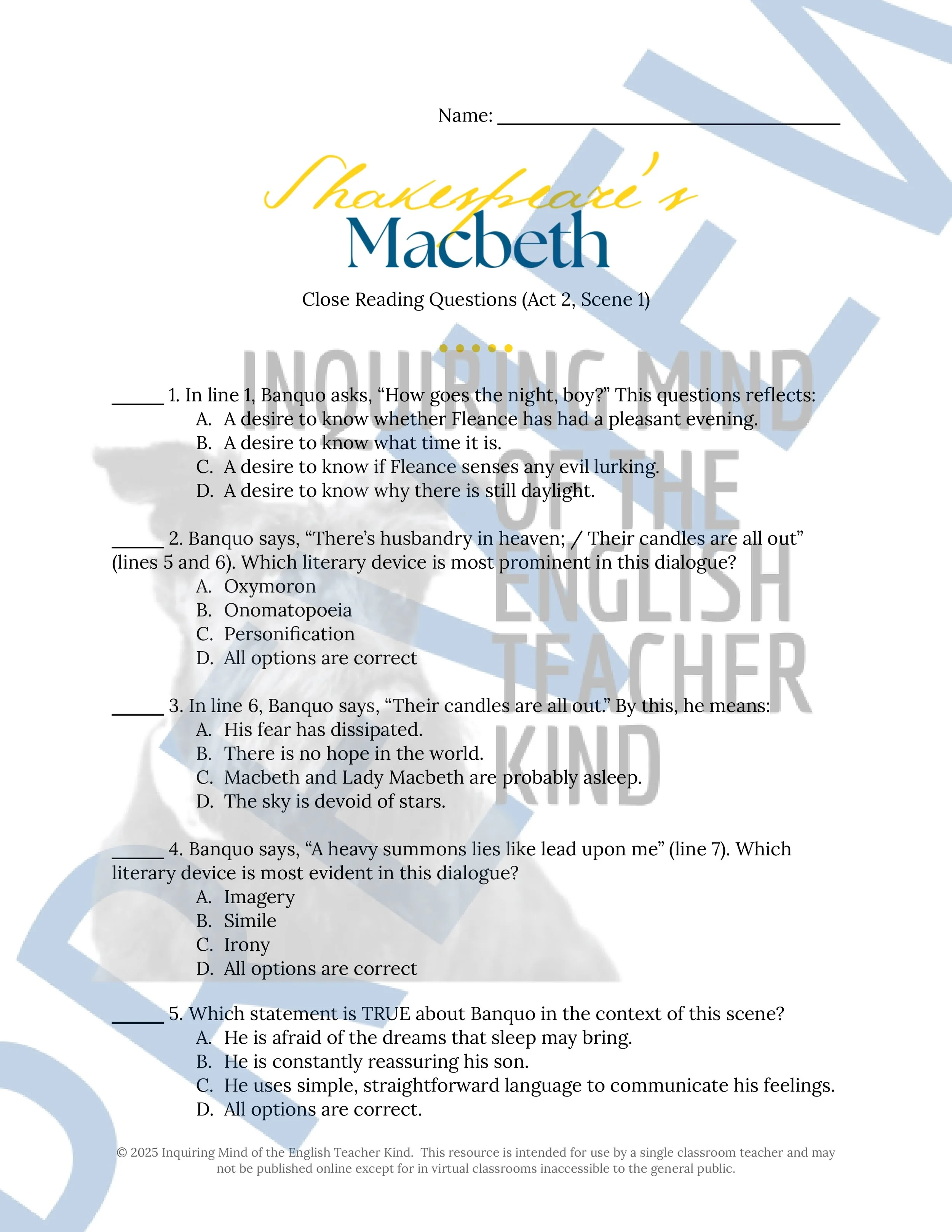 Macbeth Close Reading Analysis Worksheets and Answer Keys Bundle for ...