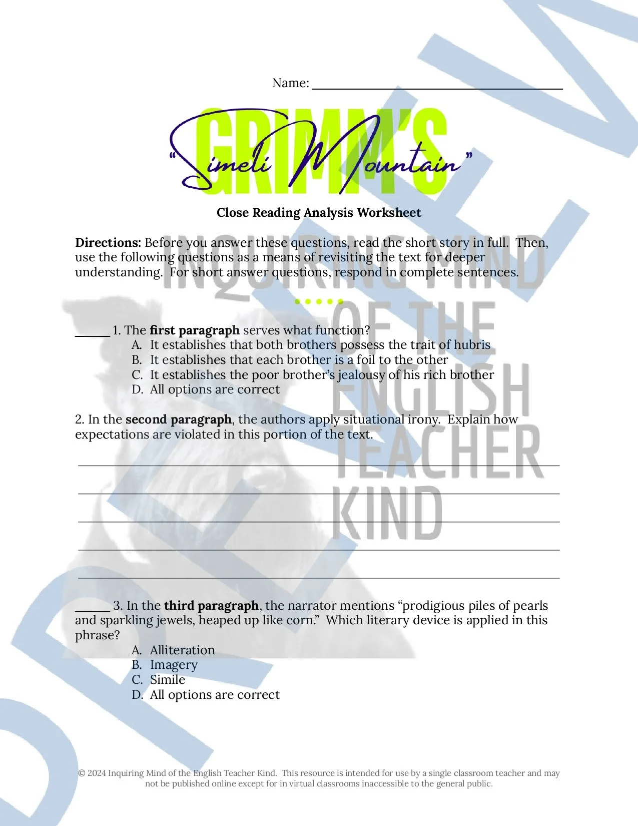 "Simeli Mountain" Quiz, Close Reading Worksheet, and Vocabulary Games ...