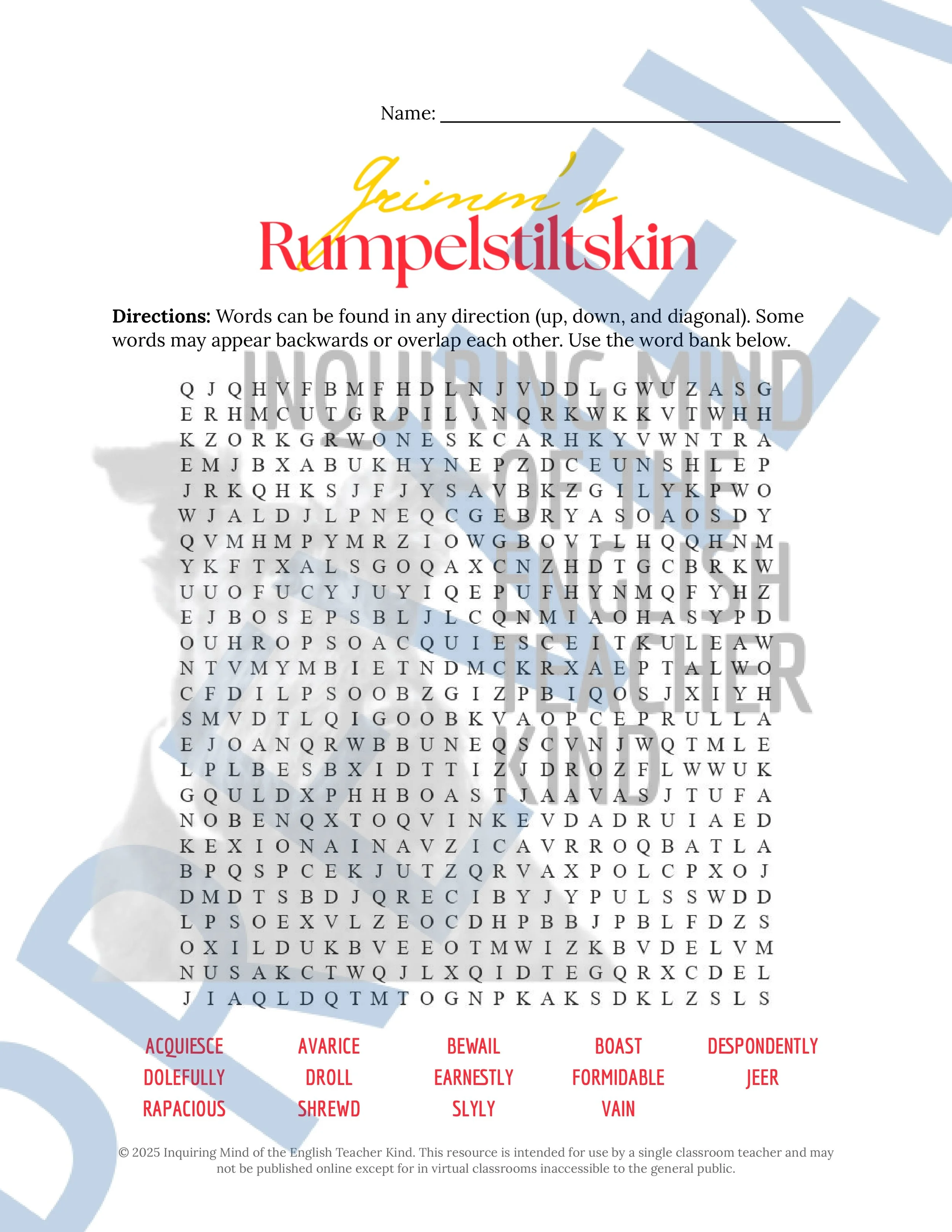 "Rumpelstiltskin" by the Brothers Grimm Quiz, Close Reading Activity ...