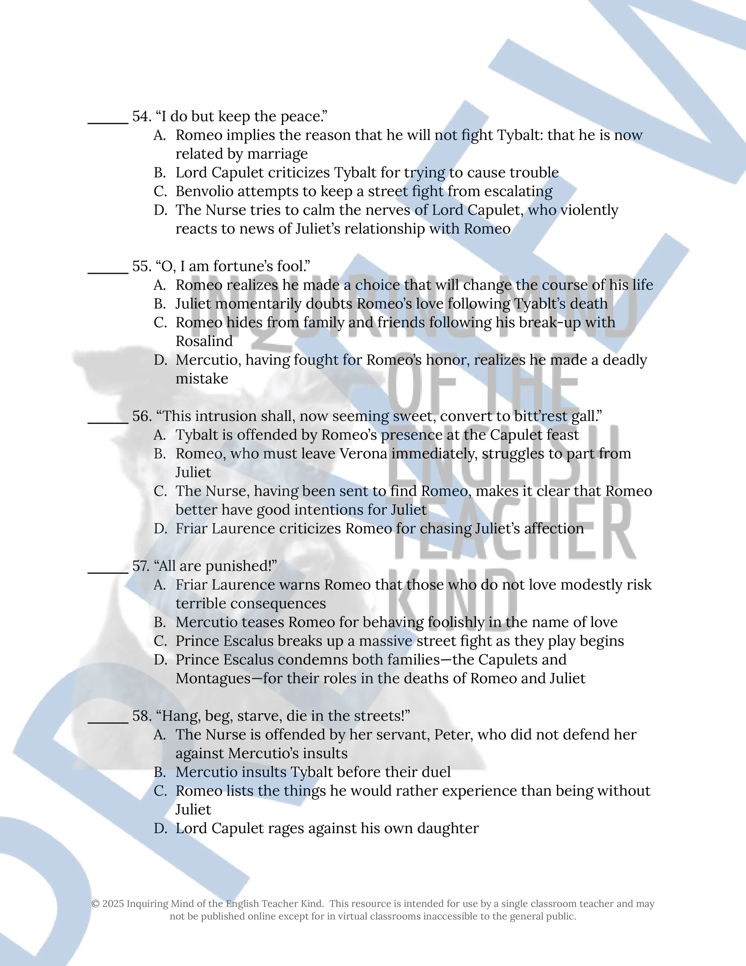 The Tragedy of Romeo and Juliet Test and Answer Key with Study Guide ...