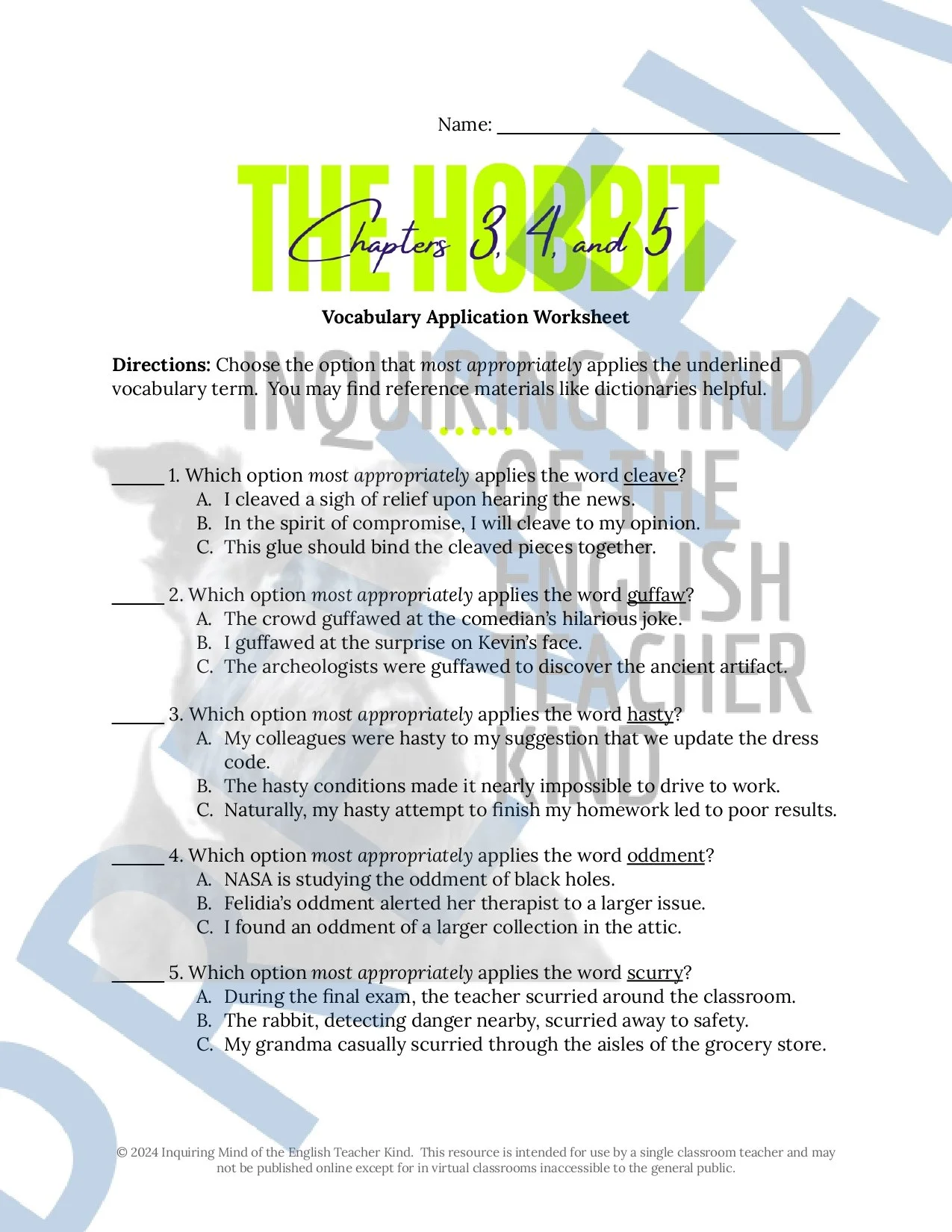 The Hobbit Quiz, Close Reading, and Vocabulary Games Bundle (Chapters 3 ...