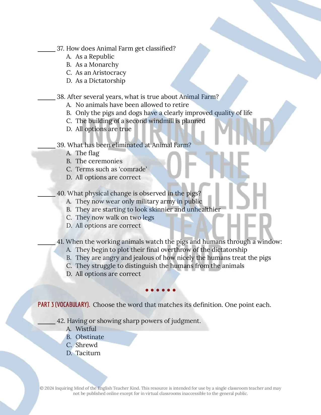 Animal Farm Test and Answer Key with Study Guide and Essay Rubric for ...