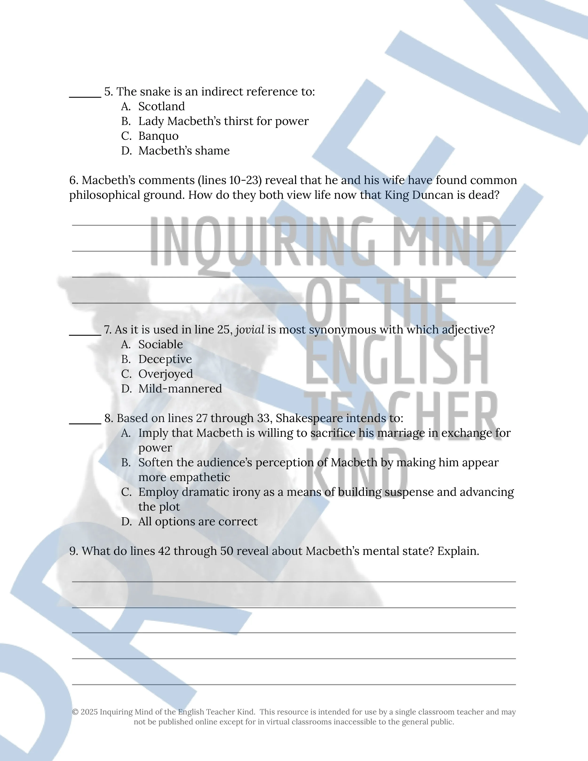 Macbeth Close Reading Analysis Worksheets and Answer Keys Bundle for ...