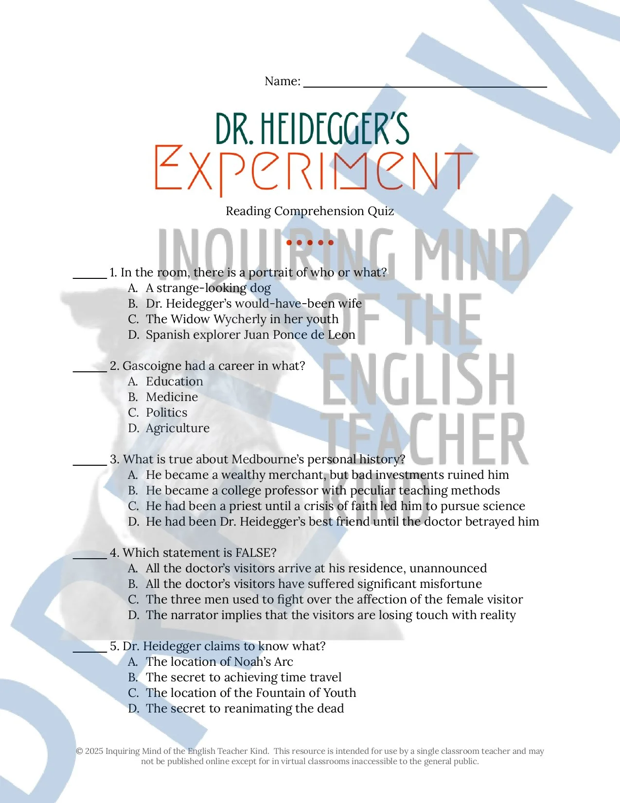 "Dr. Heidegger's Experiment" by Nathaniel Hawthorne Quiz and Close ...