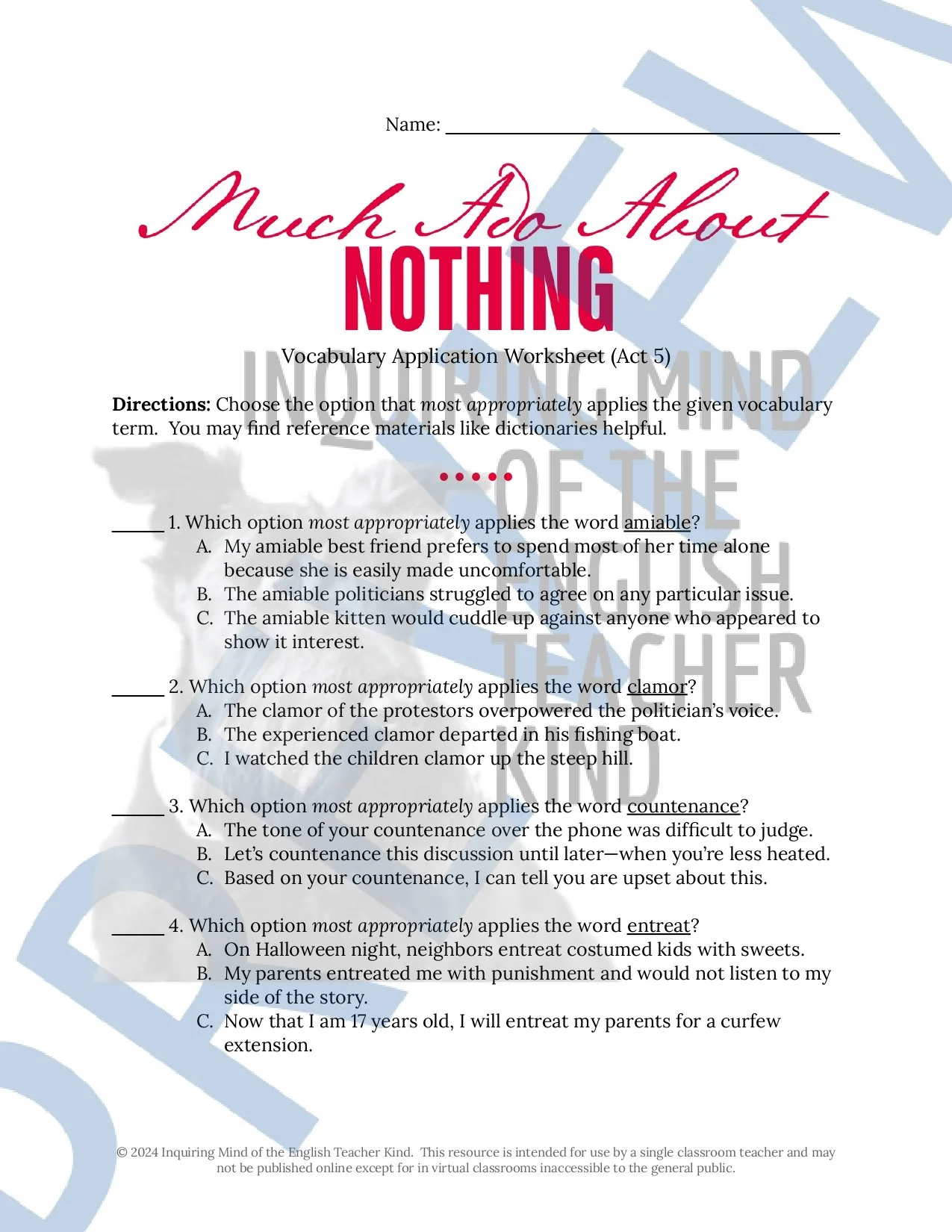 Much Ado About Nothing Act 5 Quiz, Close Readings, and Vocabulary Games ...