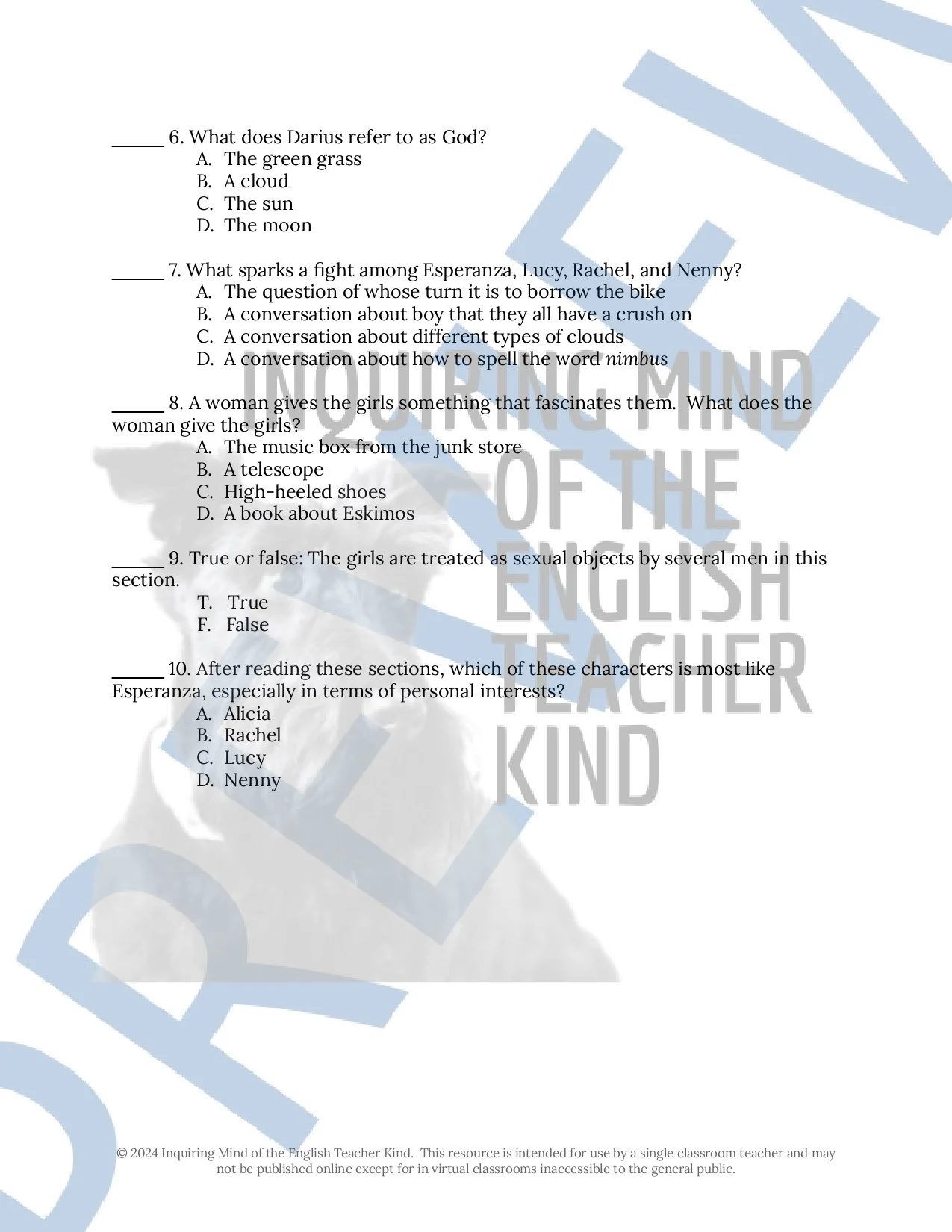 The House on Mango Street by Sandra Cisneros Quiz and Answer Key Bundle ...