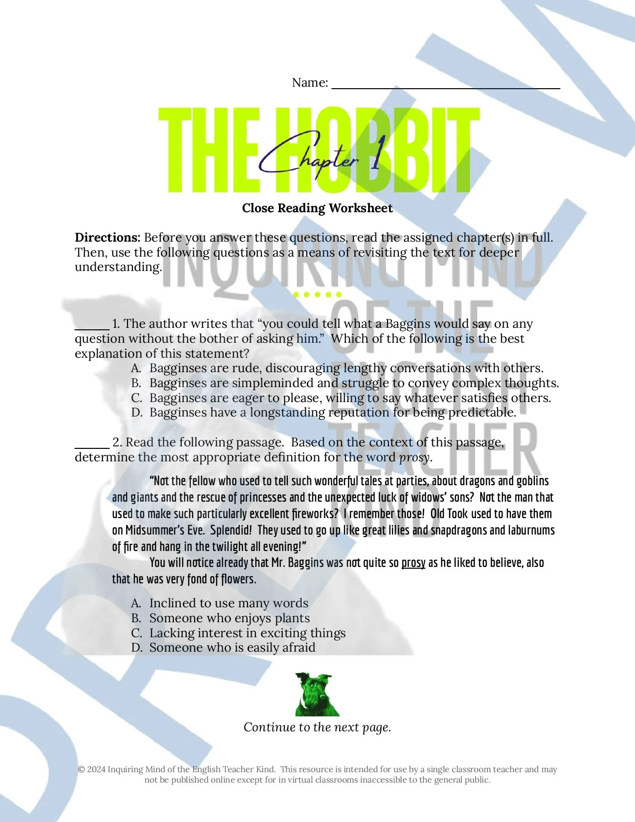 The Hobbit Quiz, Close Reading, and Vocabulary Games Bundle (Chapters 1 ...