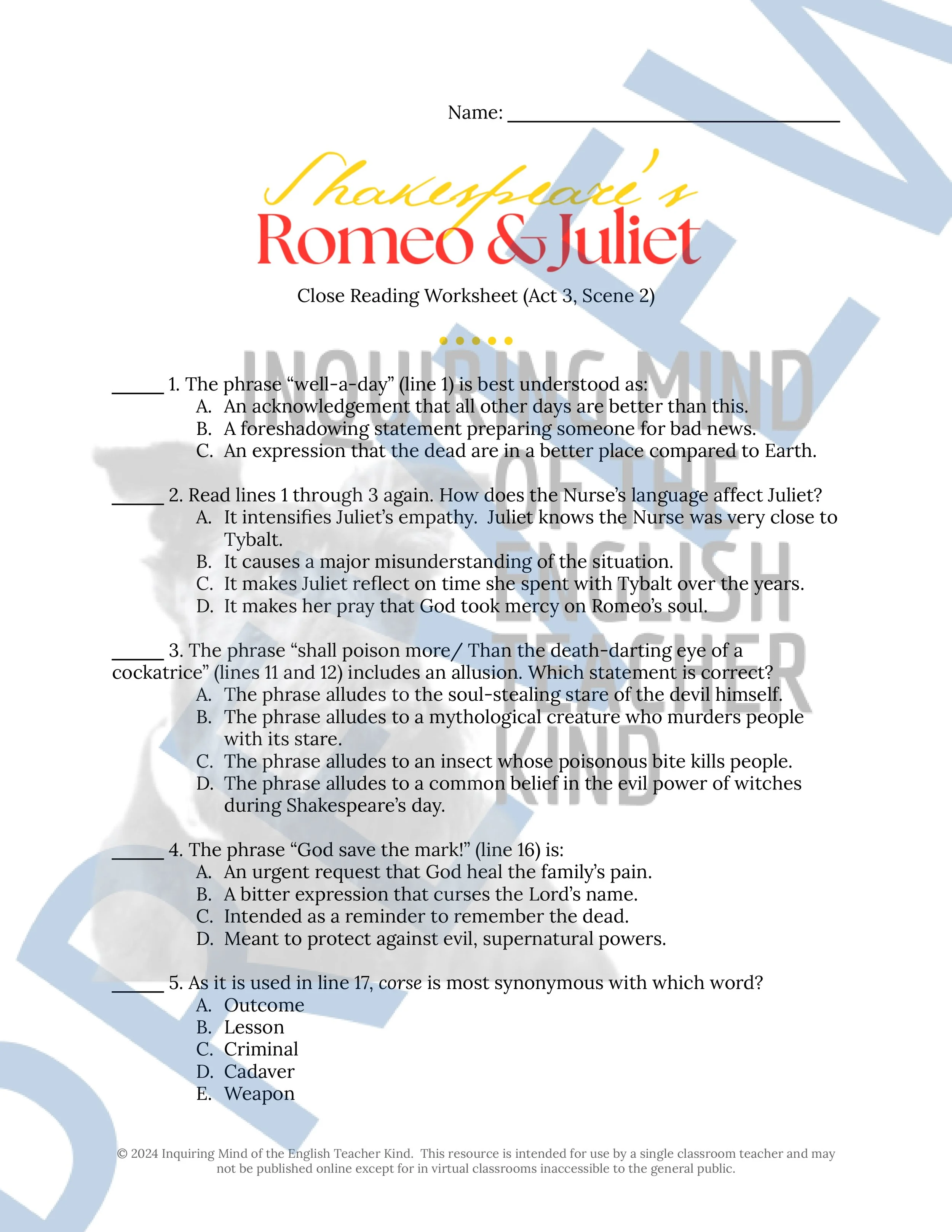 Romeo and Juliet Act 3 Reading Guide, Quiz, and Close Reading Bundle ...