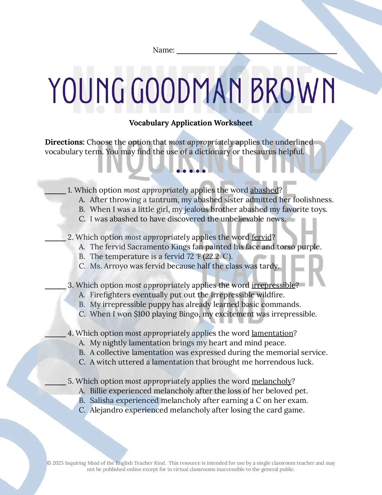 "Young Goodman Brown" by Nathaniel Hawthorne Quiz and Close Reading ...