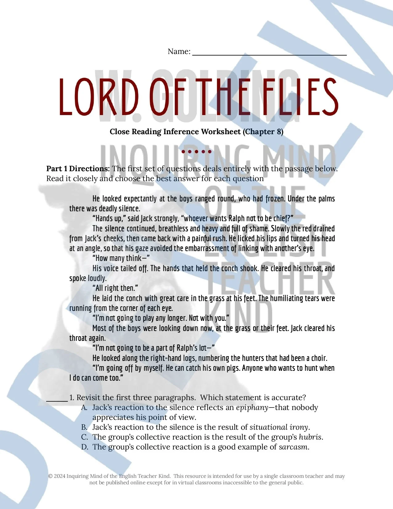 Lord of the Flies Chapter 8 Quiz, Close Reading, and Vocabulary ...