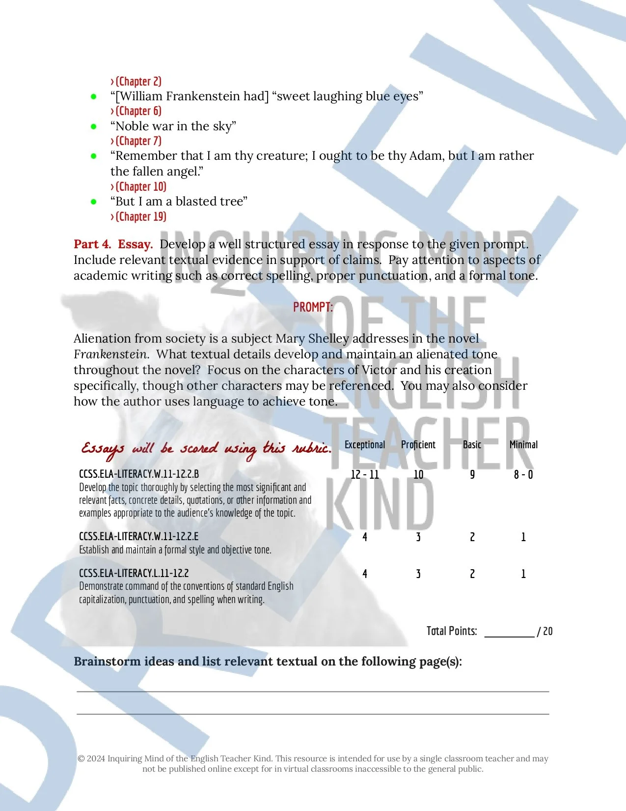 Frankenstein by Mary Shelley Test and Answer Key for High School ...