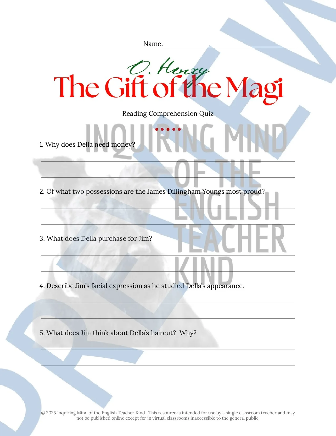 "The Gift of the Magi" by O. Henry Quiz, Close Reading, and Vocabulary ...