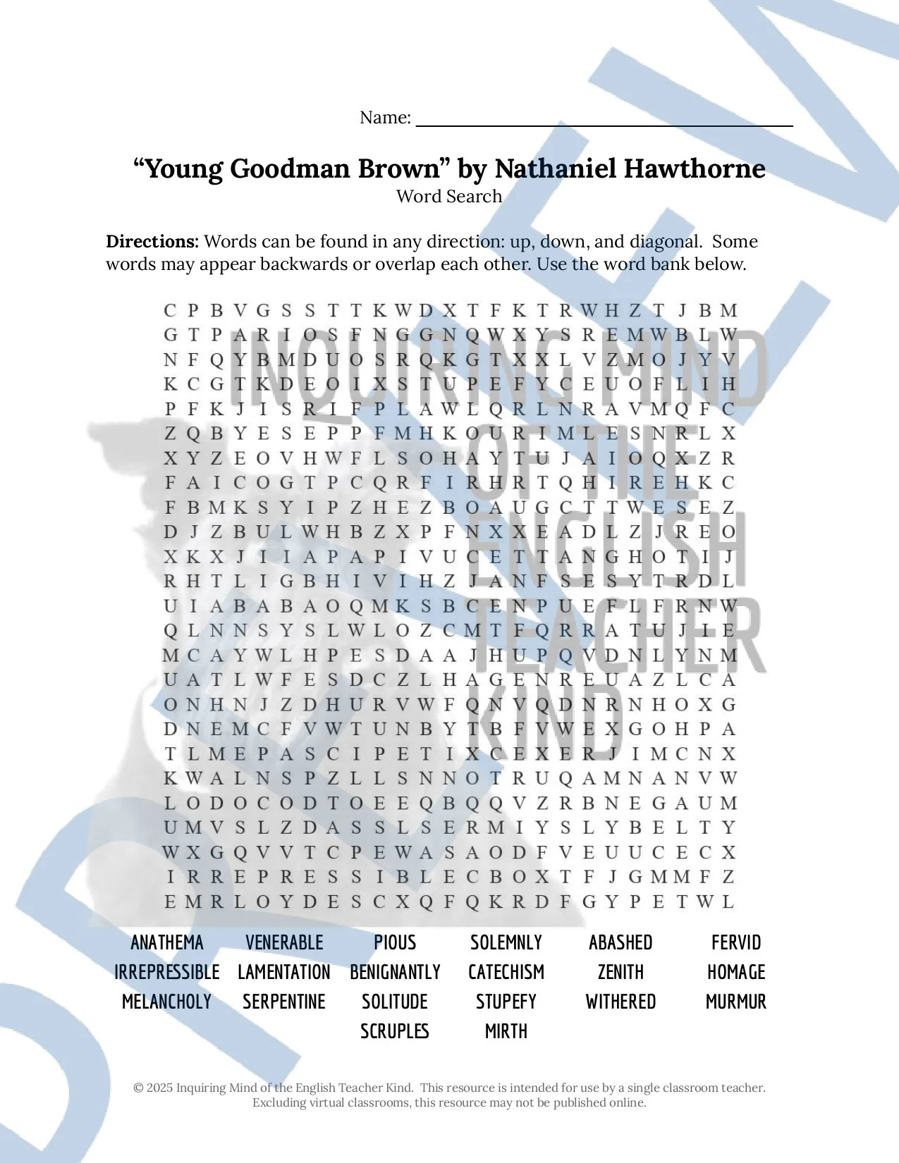 "Young Goodman Brown" by Nathaniel Hawthorne Quiz and Close Reading ...