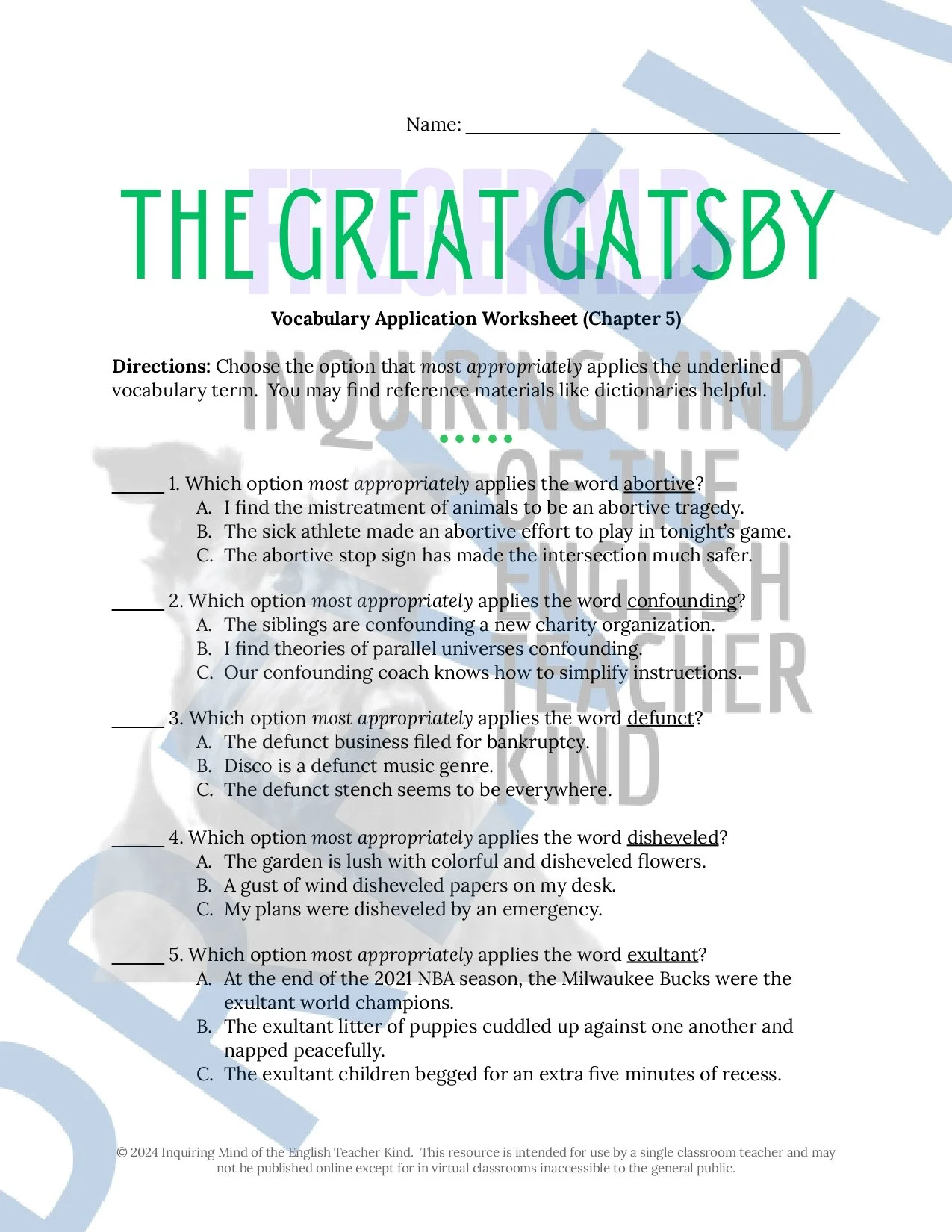 The Great Gatsby Quizzes, Inference Worksheets, Vocabulary Games, Test ...