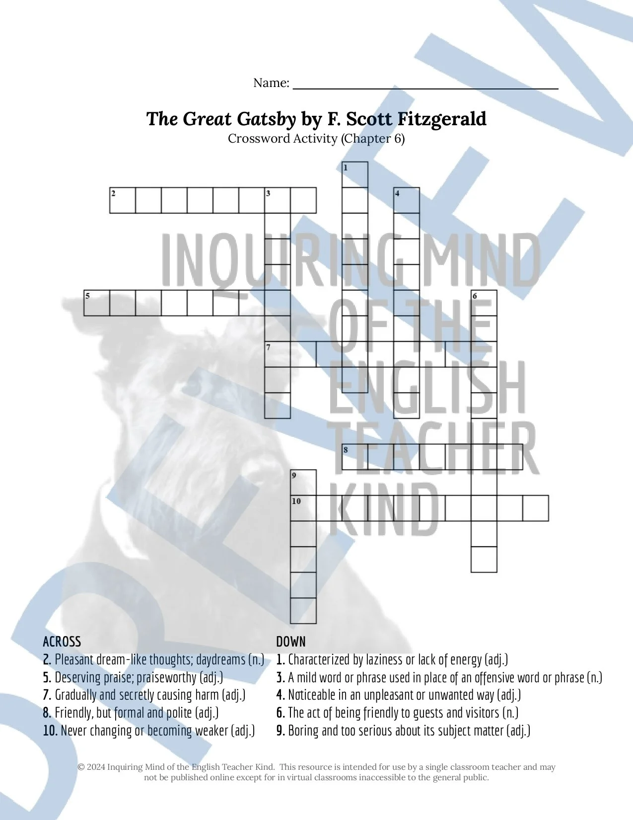 The Great Gatsby by F. Scott Fitzgerald Vocabulary Development Games ...